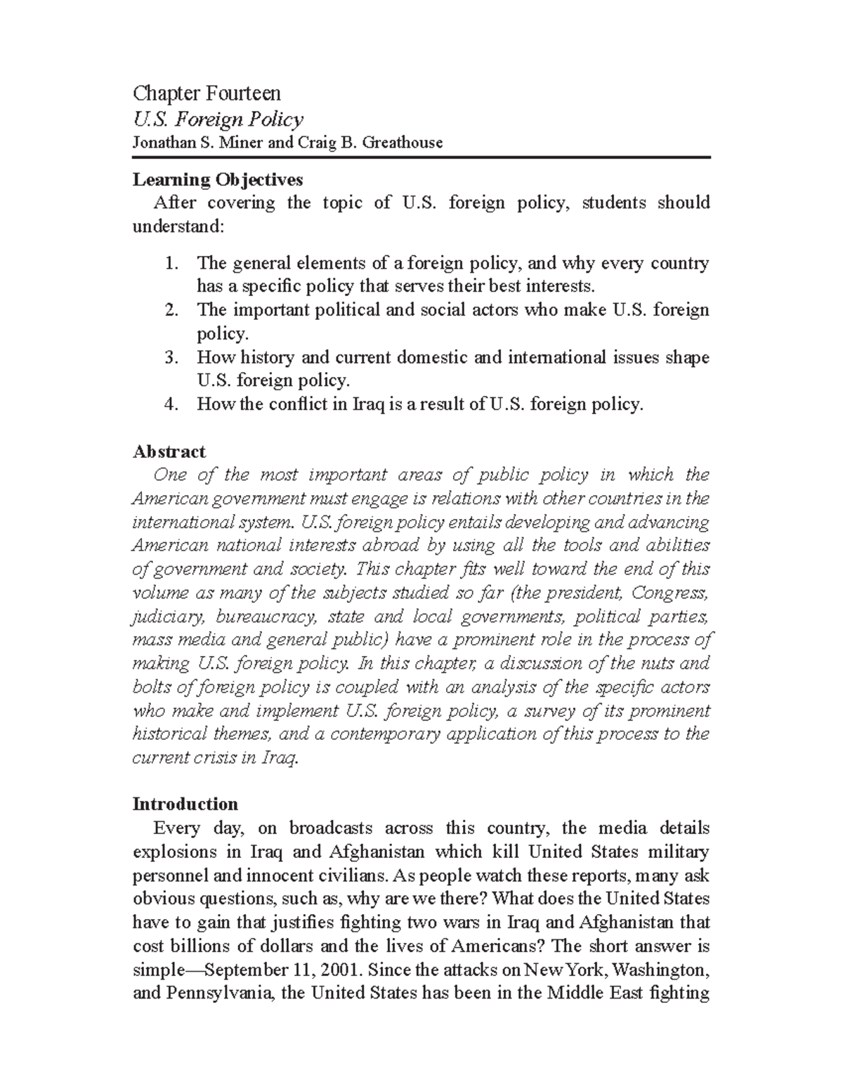 Chapter 14 - Chapter Fourteen U. Foreign Policy Jonathan S. Miner and ...