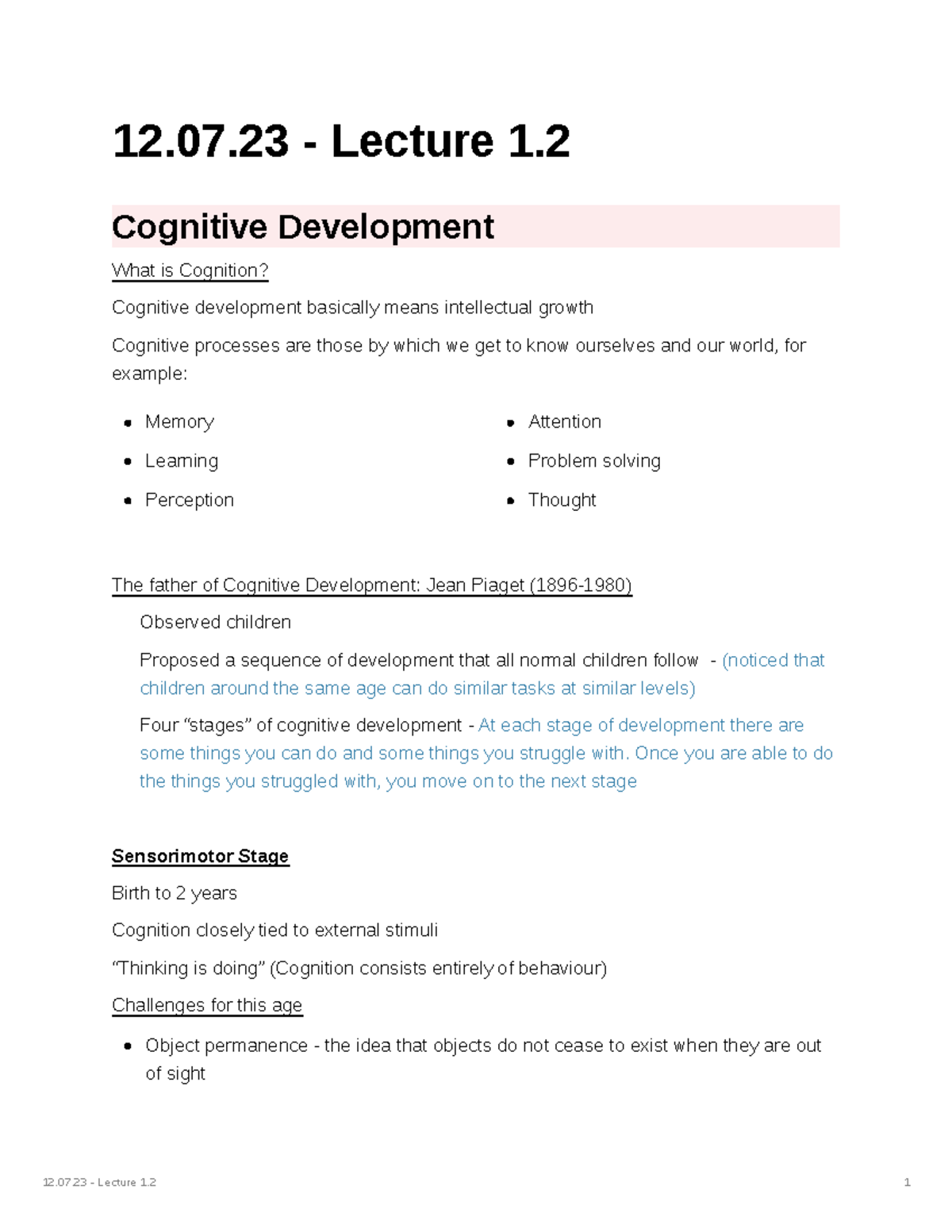 Cognitive Development Intro - Lecture 2 - 12.07 - Lecture 1 1 12.07 - Lecture 1. Cognitive - Studocu