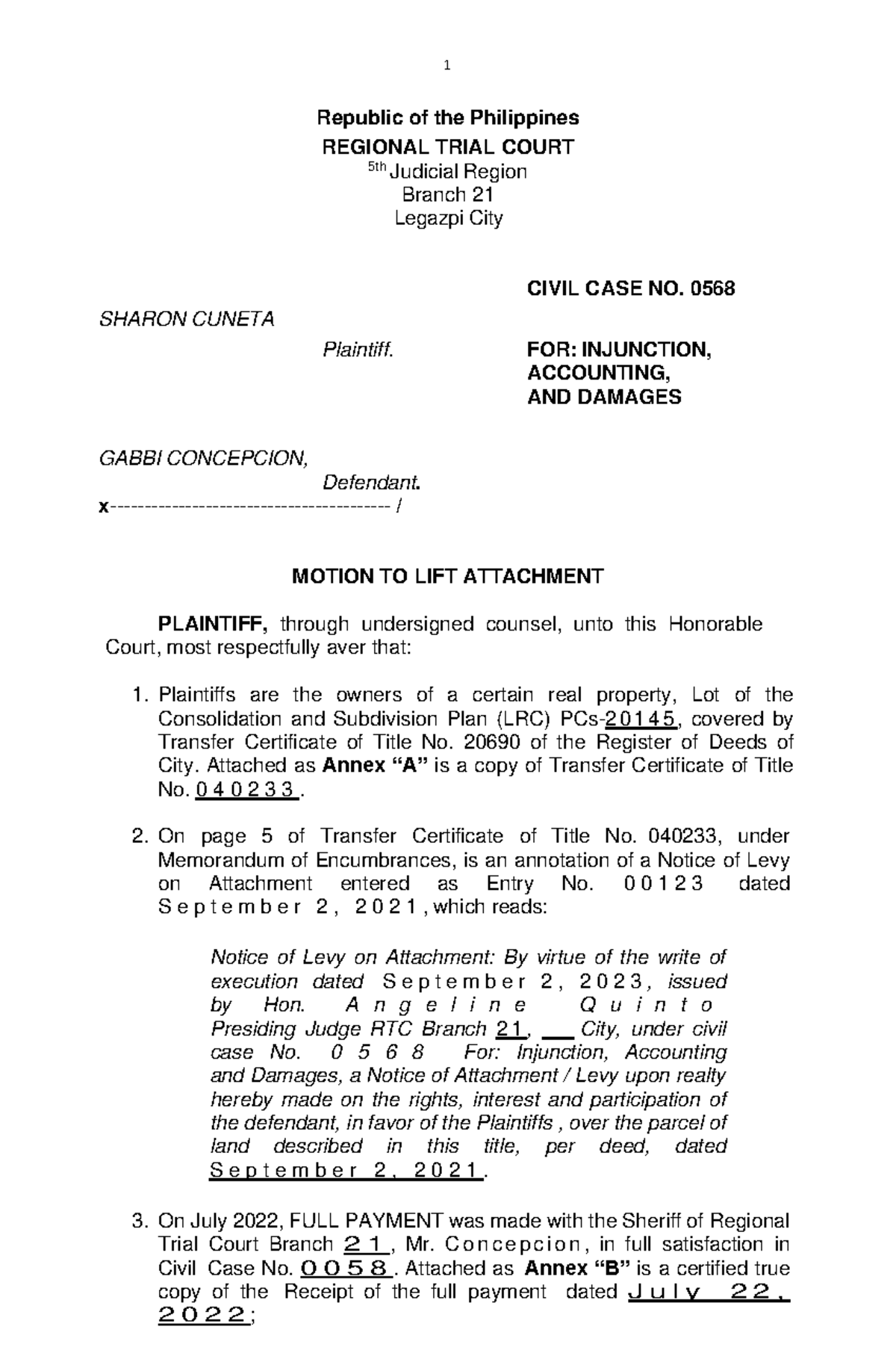 Motion to Discharge the Writ on Attachment - 1 Republic of the ...