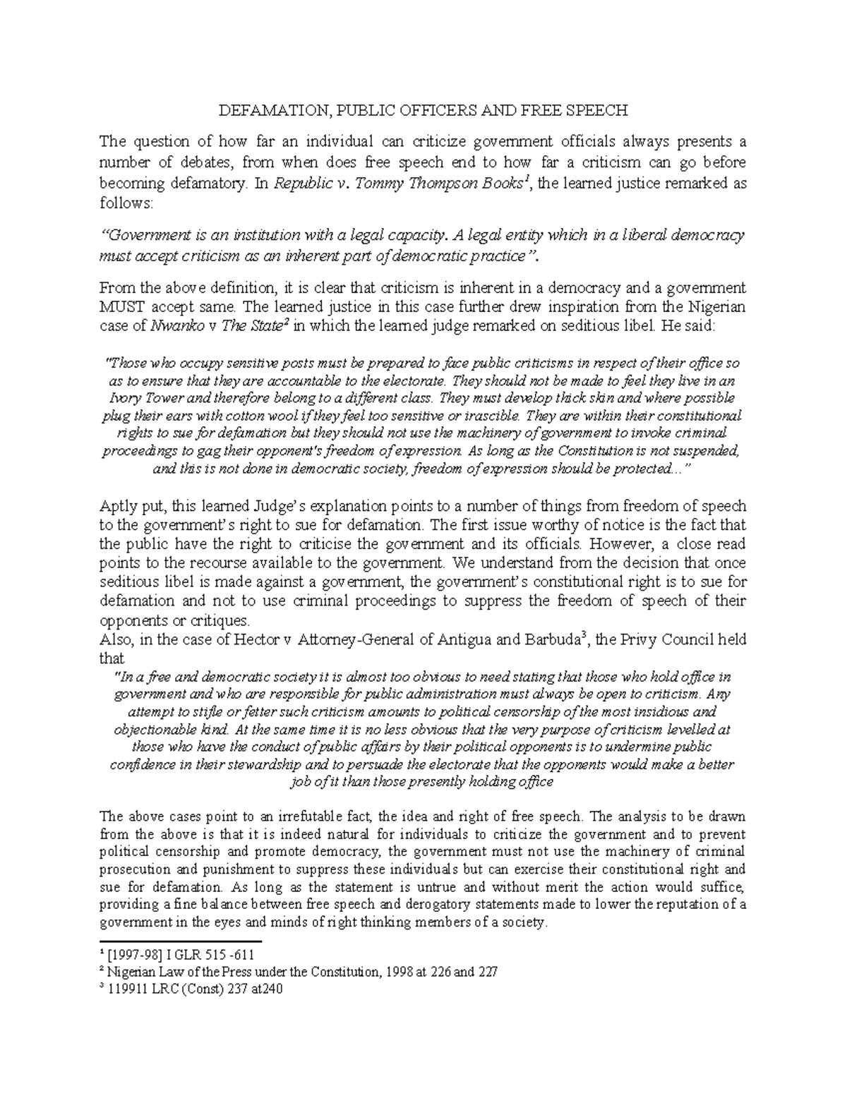 Defamation - DEFAMATION, PUBLIC OFFICERS AND FREE SPEECH The question ...