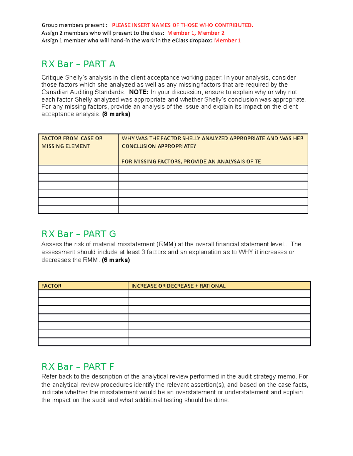 RX Bar Template for Group work - Group members present : PLEASE INSERT ...