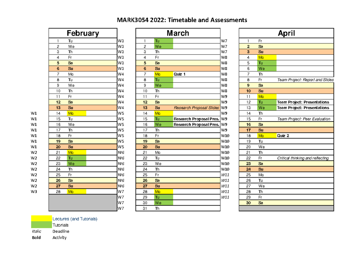 Calendar - MARK3054 2022: Timetable and Assessments 1 Tu W3 1 Tu W7 1 ...