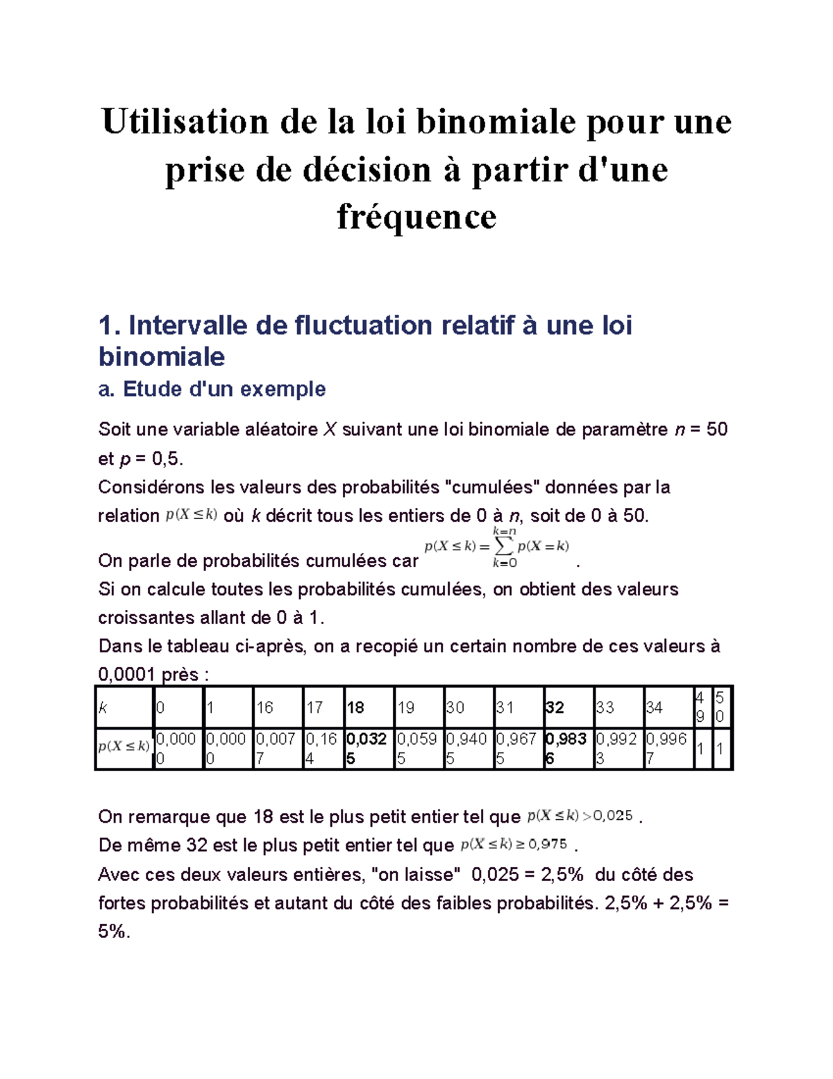 Utilisation de la loi binomiale pour une prise de décision à partir d'une fréquence - Intervalle ...