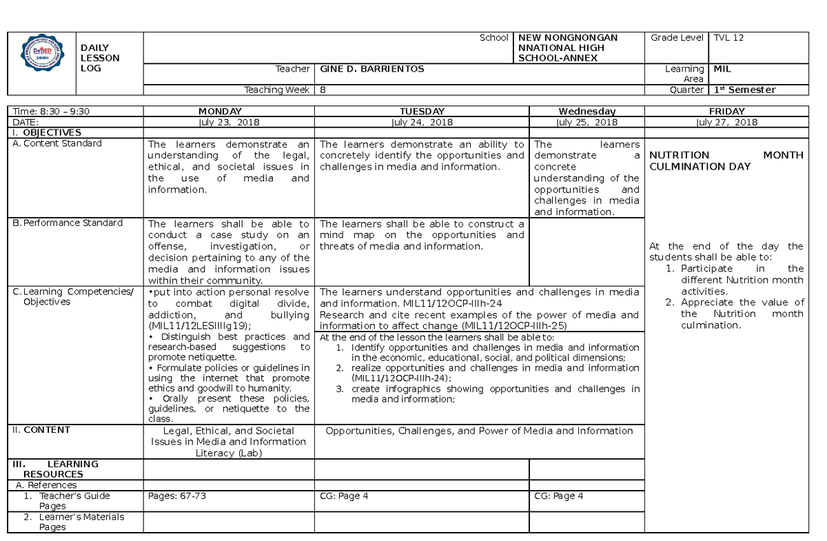 Week 8 MIL - Lesson Plan in Media and Information Literacy First ...
