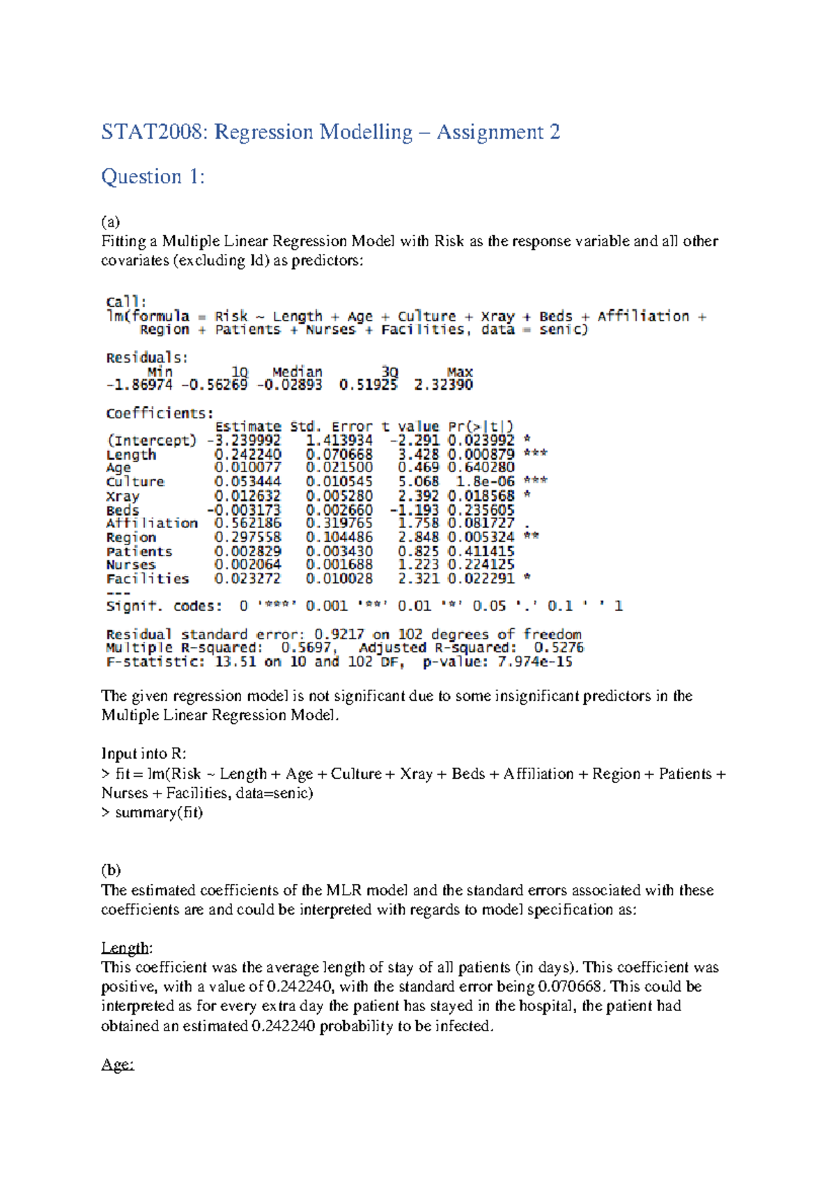 STAT2008 Assignment 2 - Warning: TT: undefined function: 32 STAT2008: Regression Modelling ...