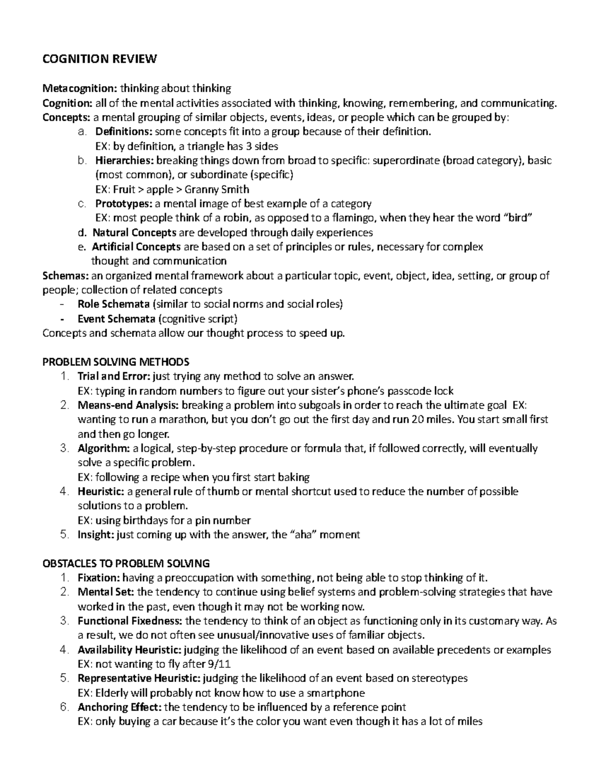 PSYCH 1101 Cognition Review - COGNITION REVIEW Metacognition: thinking ...