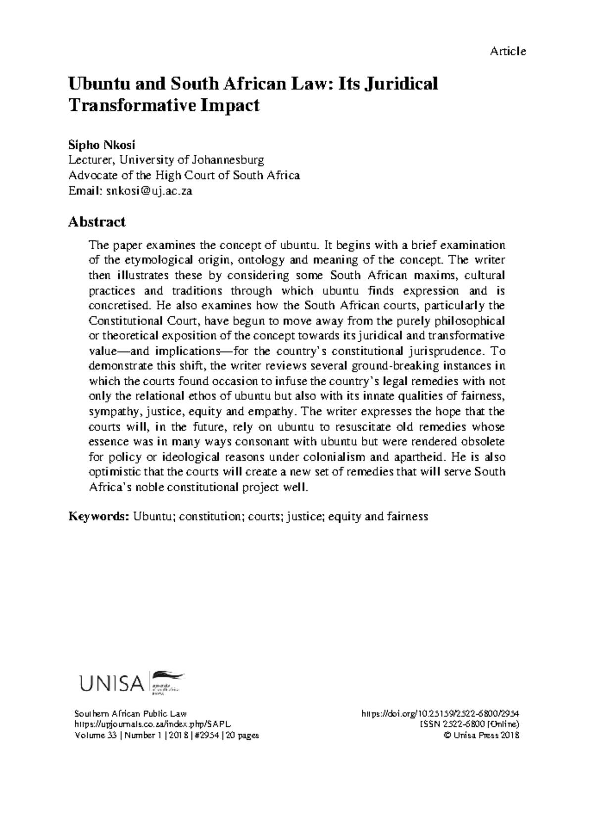 Sipho Nkosi, ‘Ubuntu and South African Law Its Juridical Transformative ...
