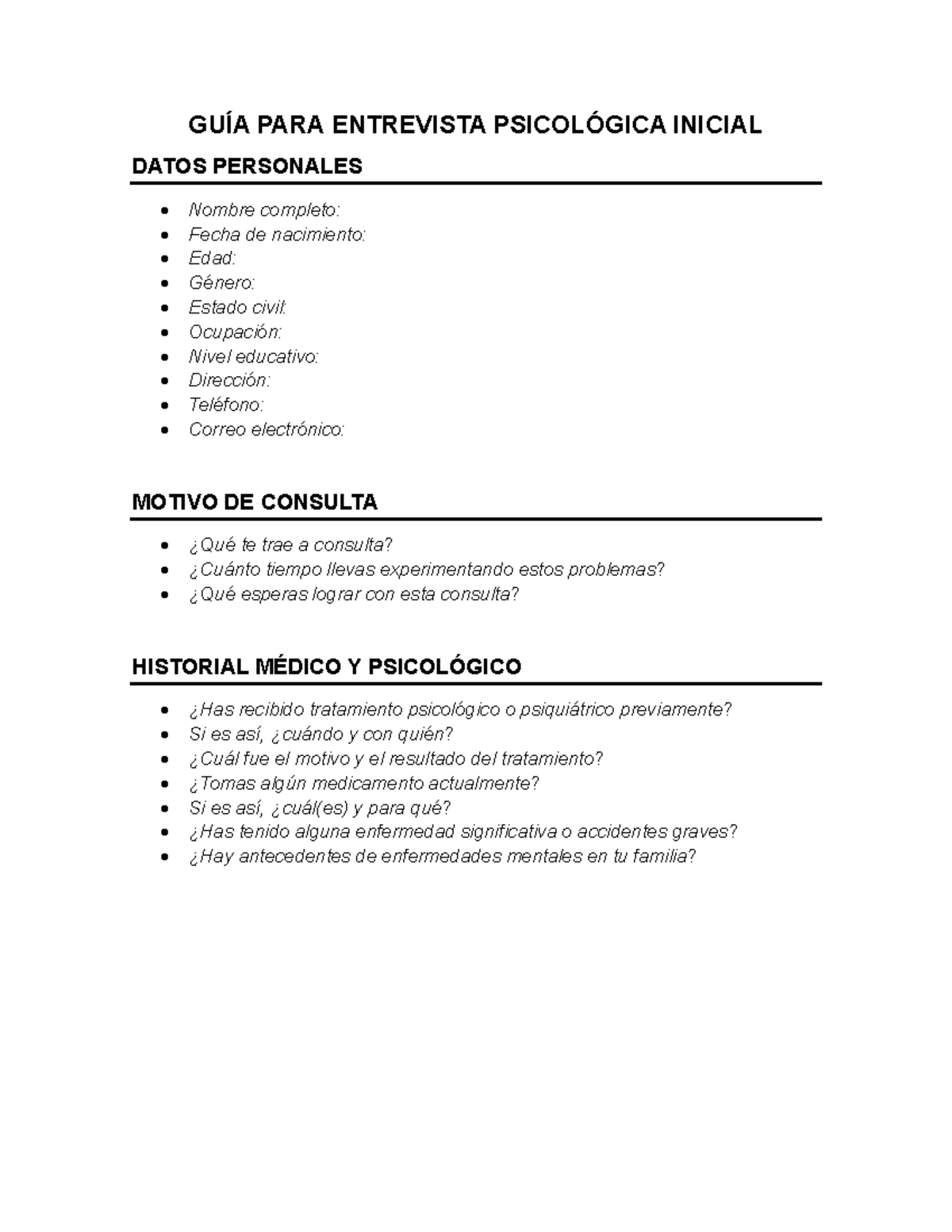 Guia entrevista Inicial Basica - GUÍA PARA ENTREVISTA PSICOLÓGICA ...