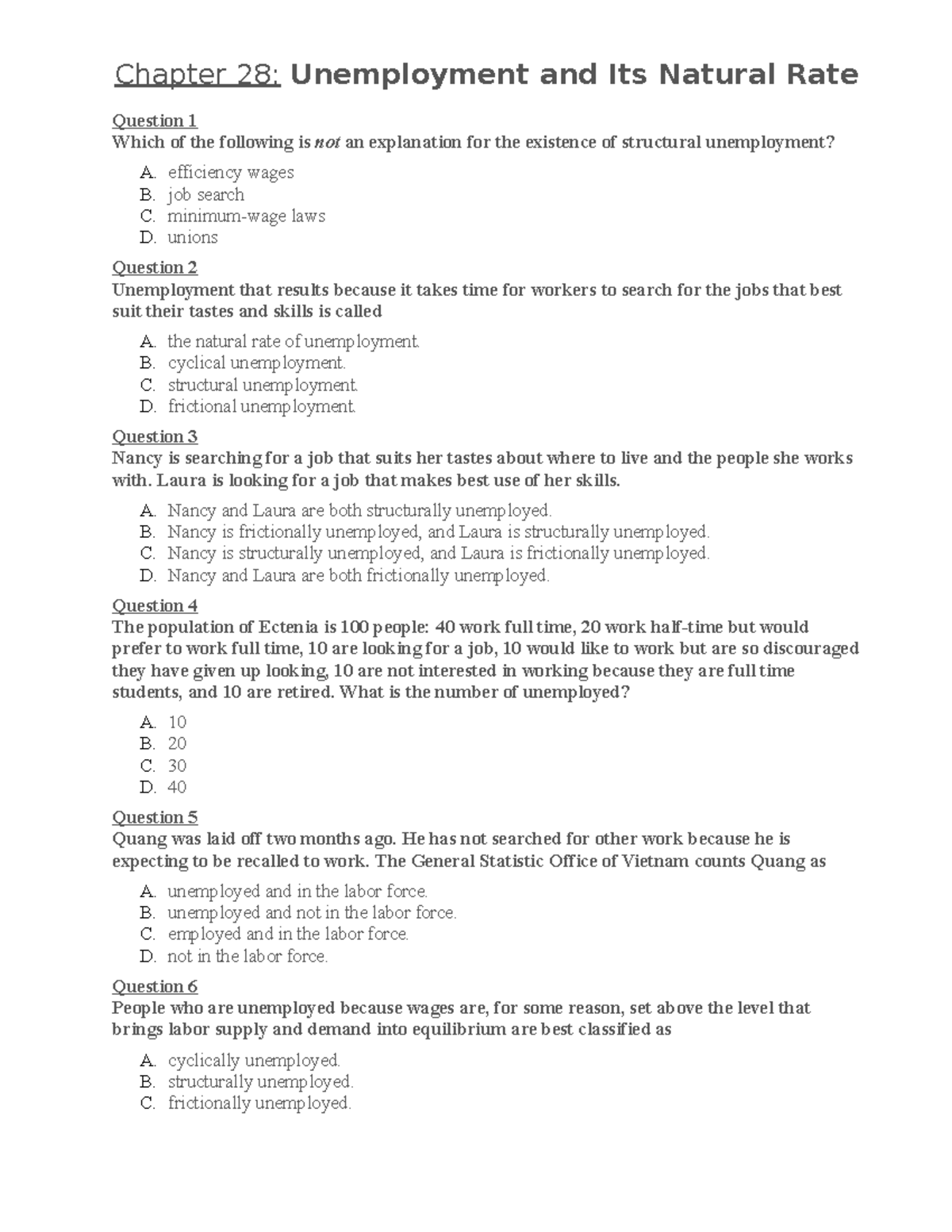 Quiz #6 Chapter 28. Unemployment and Its Natural Rate - Chapter 28 ...