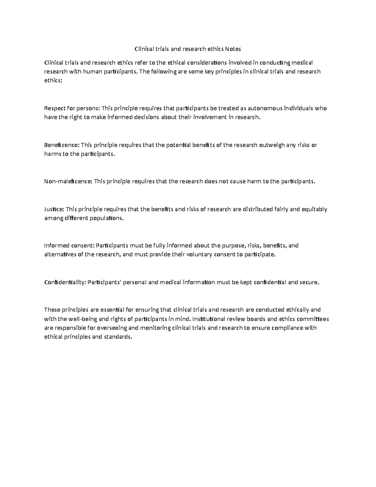 Clinical trials and research ethics Notes - The following are some key ...