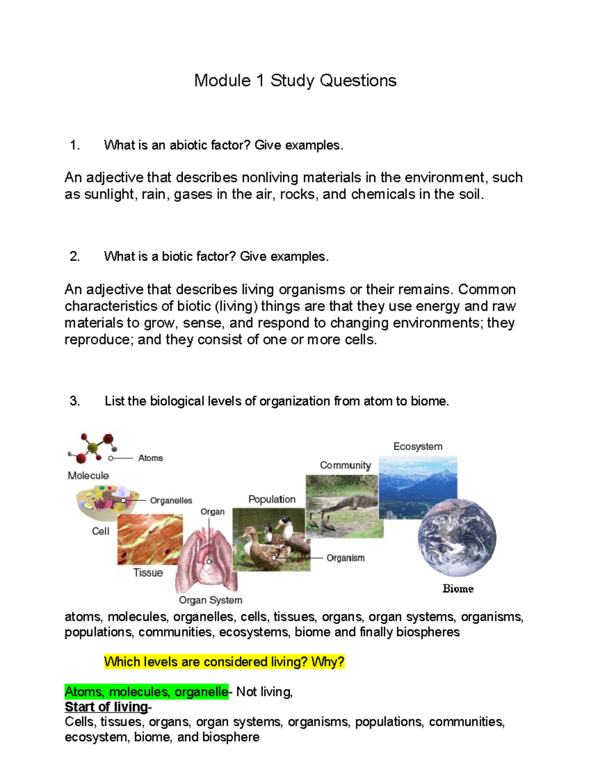 Biology module 1 study questions - Module 1 Study Questions 1. What is ...