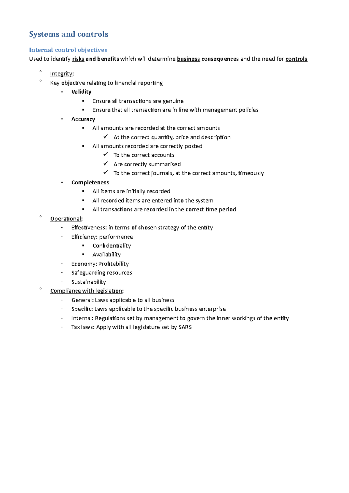 Systems and controls summary - Systems and controls Internal control ...