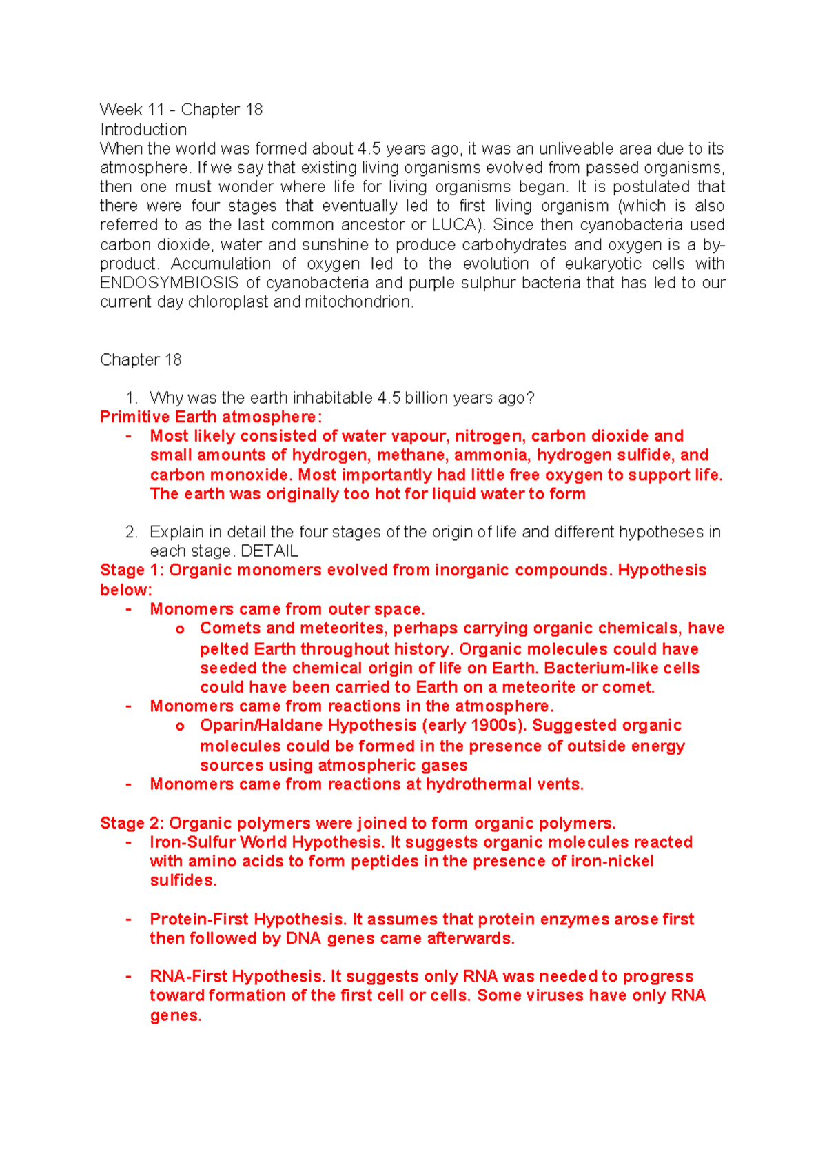 Week 11 task Chapter 18 Origin of Life memo - Tagged - Week 11 - Chapter 18 Introduction When ...