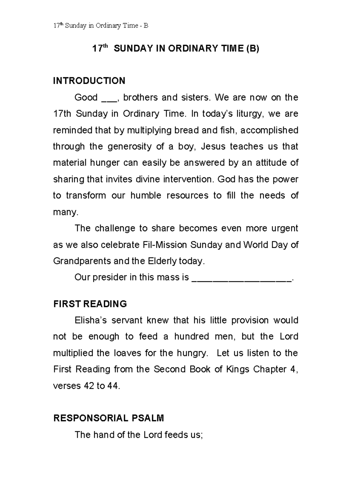 17th Sunday IN Ordinary TIME B - 17 th SUNDAY IN ORDINARY TIME (B ...