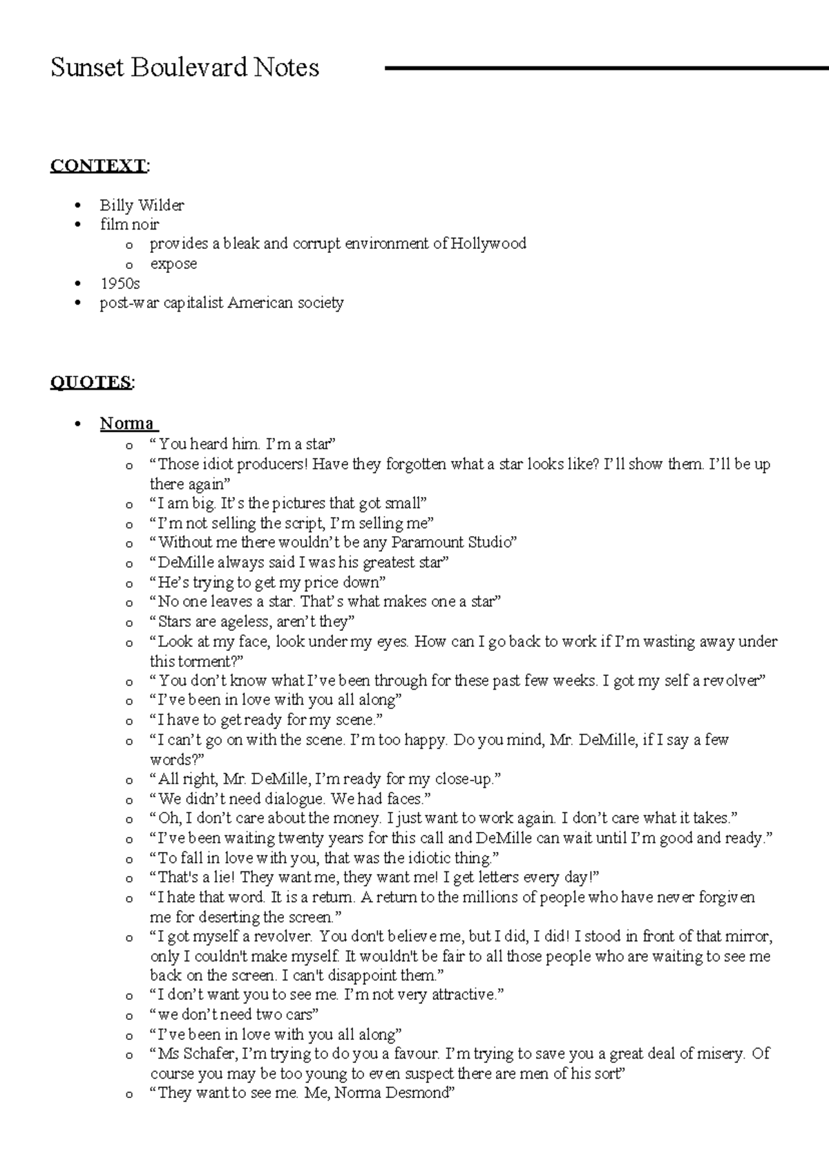 Sunset Boulevard Notes - Sunset Boulevard Notes CONTEXT: Billy Wilder ...