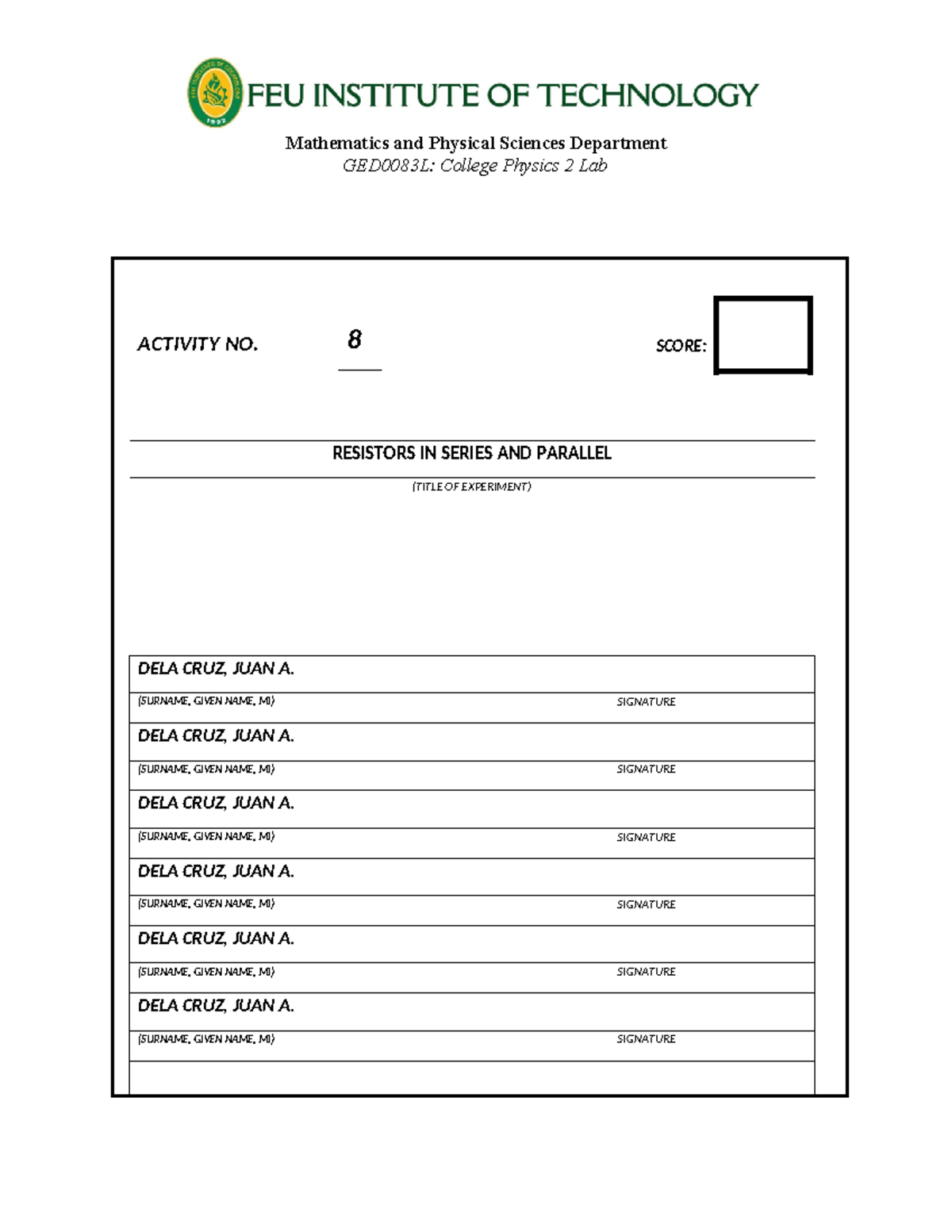 EXP8. Resistors in Series & Parallel-1 - GED0083L: College Physics 2 ...