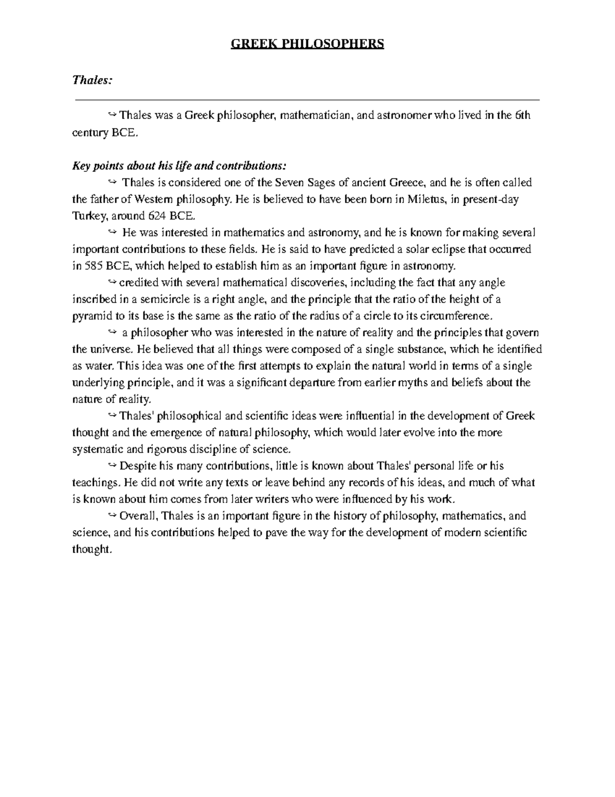General Notes on Greek Philosophers - GREEK PHILOSOPHERS Thales: ↪ ...