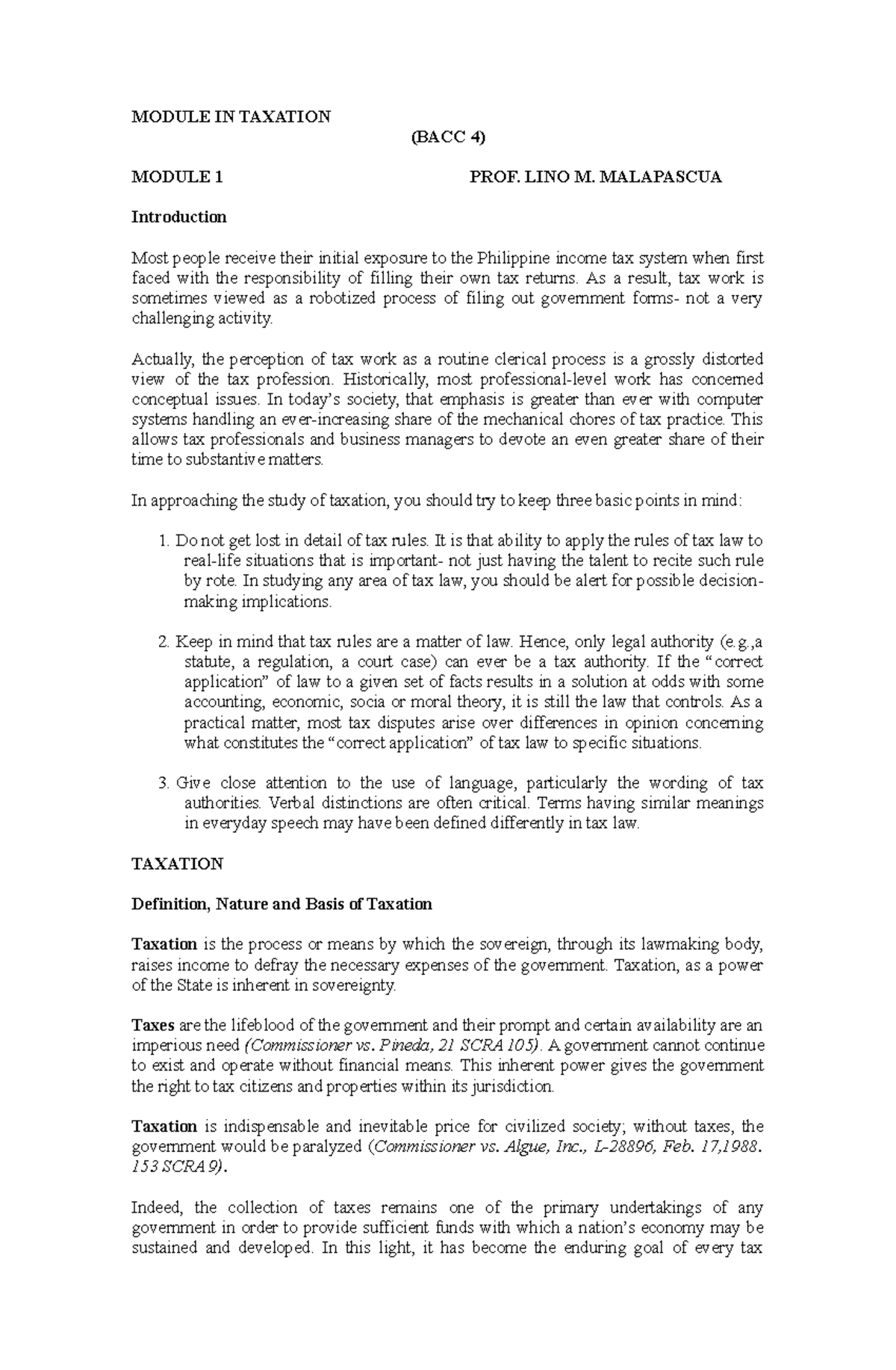 Module IN Taxation Complete - MODULE IN TAXATION (BACC 4) MODULE 1 PROF ...