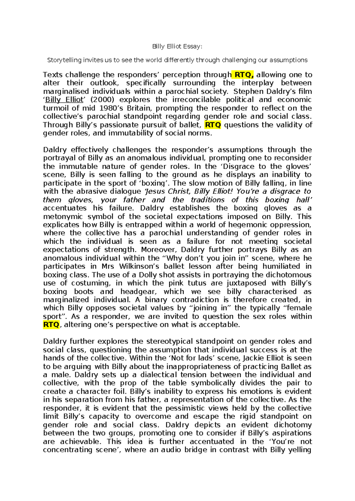 6 - a great Billy Eliiot essay - Billy Elliot Essay: Storytelling ...