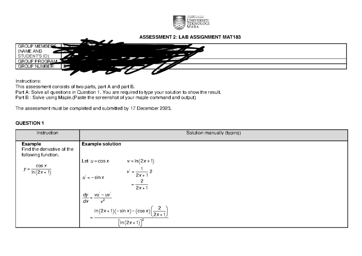 Assessment MAT183 - ASSESSMENT 2: LAB ASSIGNMENT MAT GROUP MEMBERS ...
