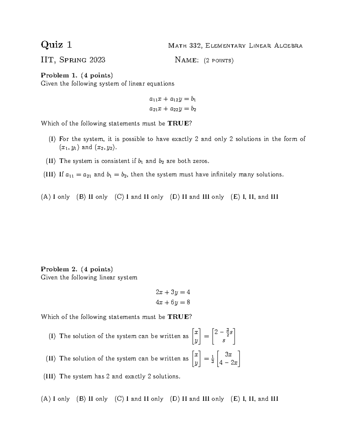 Math 332 Quiz 1 - Prof Ming - Quiz 1 Math 332, Elementary Linear ...