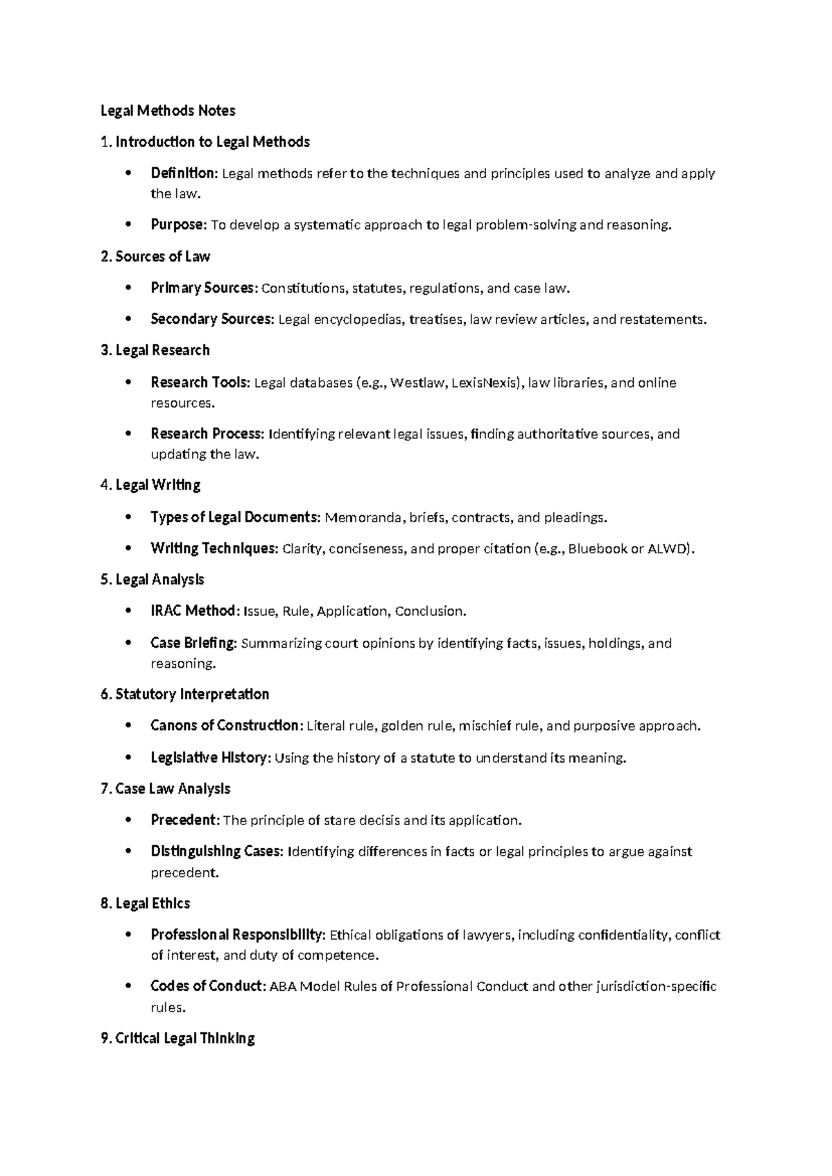 Legal Methods Notes - Legal Methods Notes Introduction to Legal Methods ...