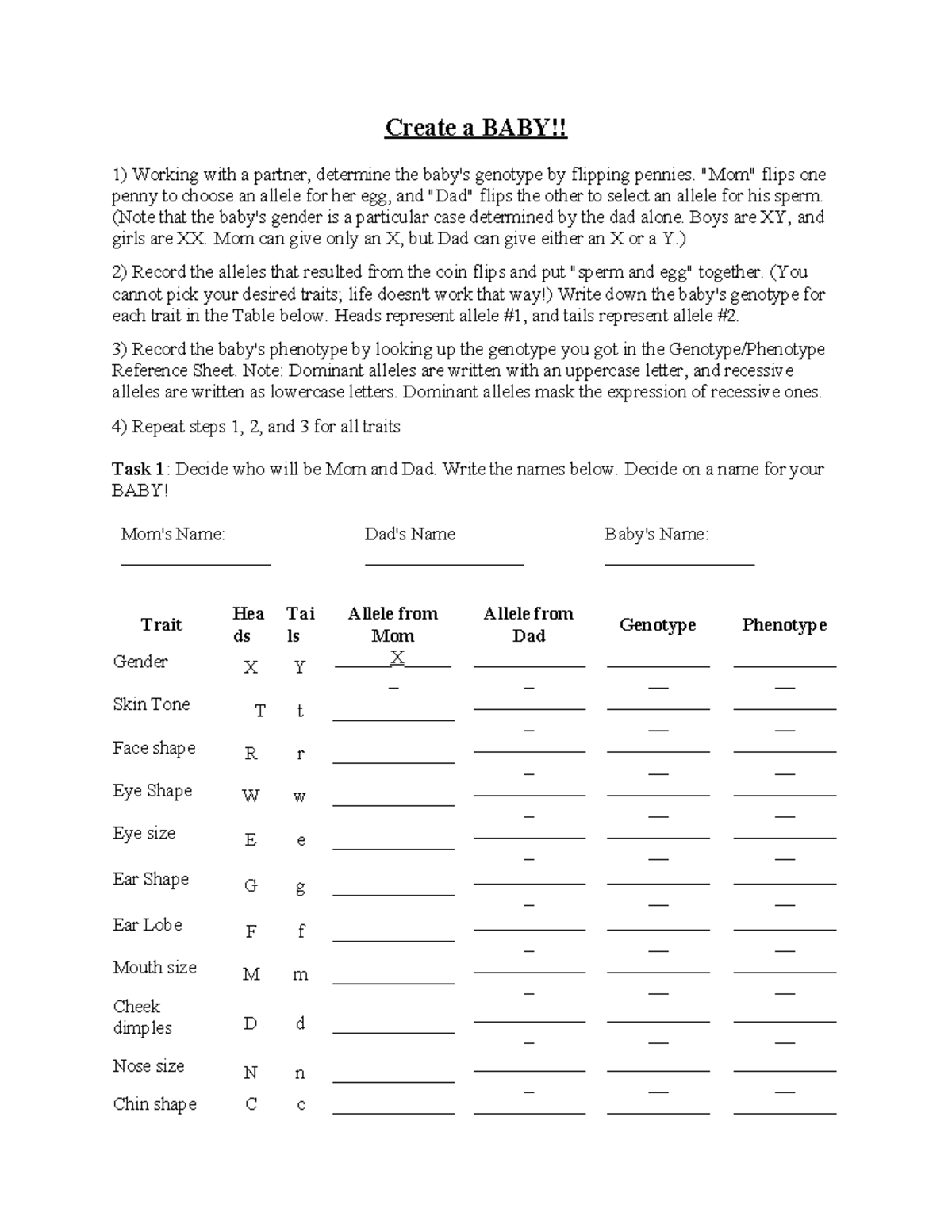 Lets Make a Baby - sample lesson plan - Create a BABY!! Working with a ...