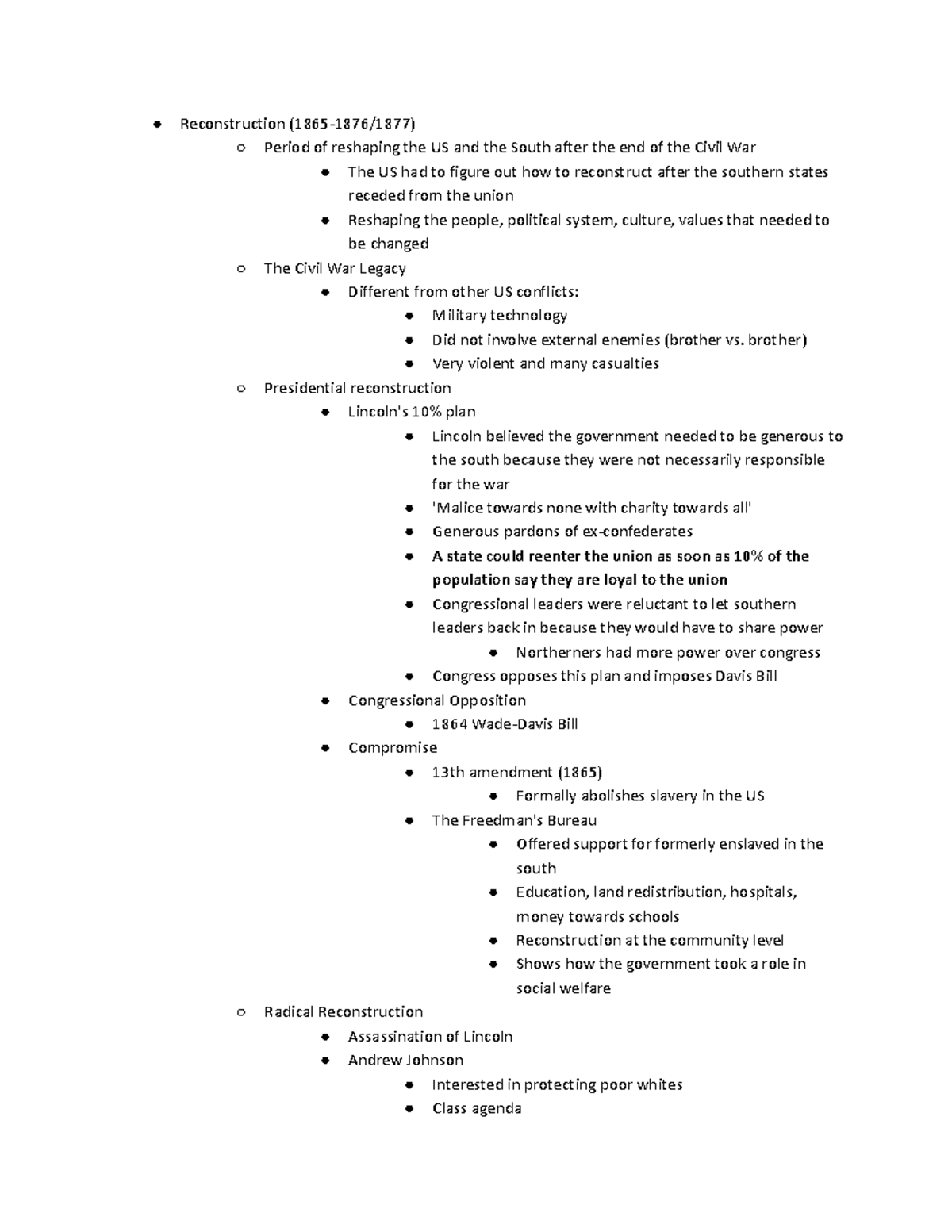 HIST 1302 notes - Reconstruction (1865-1876/1877) Period of reshaping ...