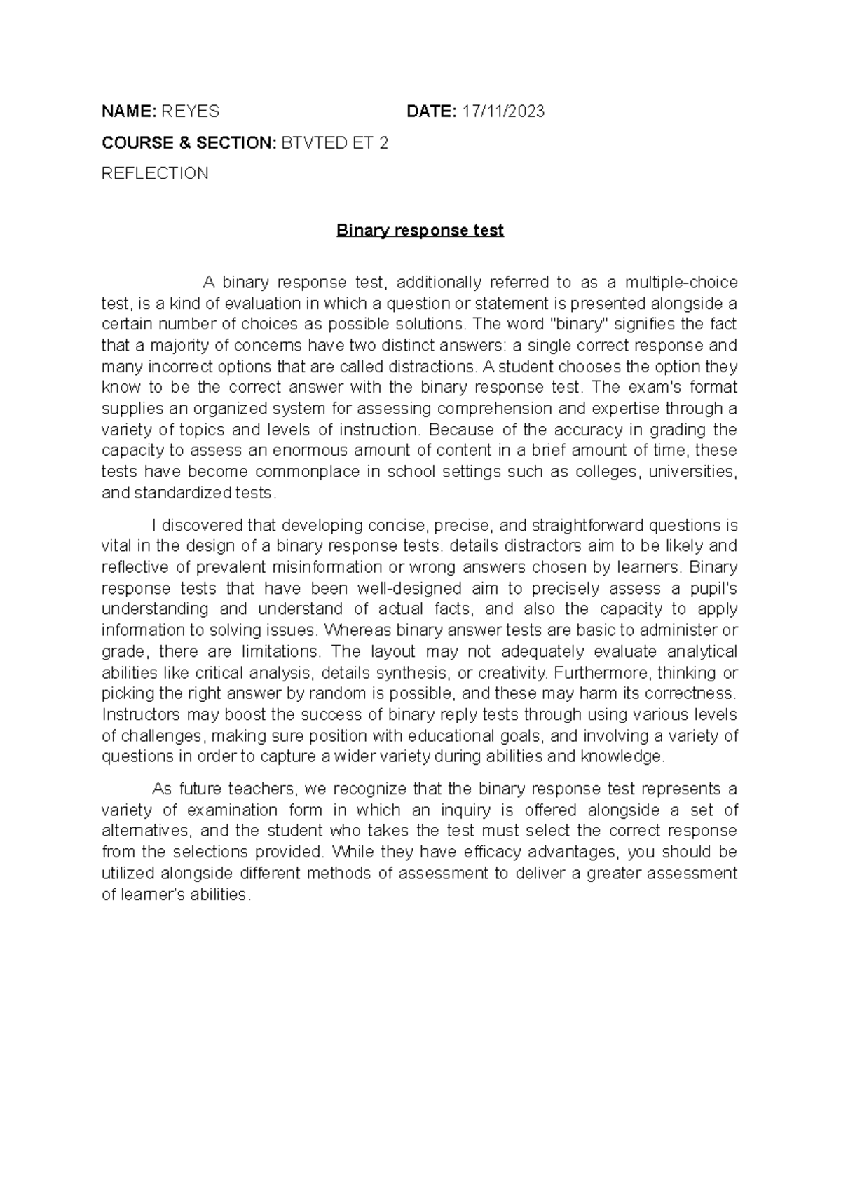 15. Binary response test - NAME: REYES DATE: 17/11/ COURSE & SECTION ...