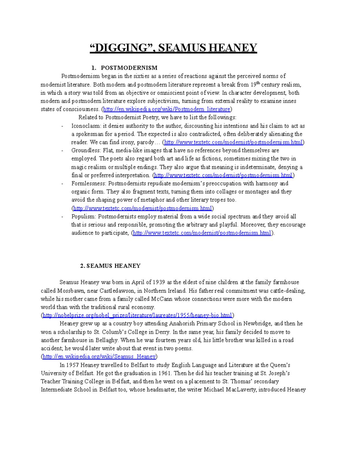 Digging”, Seamus Heaney Post modernism - “DIGGING”, SEAMUS HEANEY 1 ...