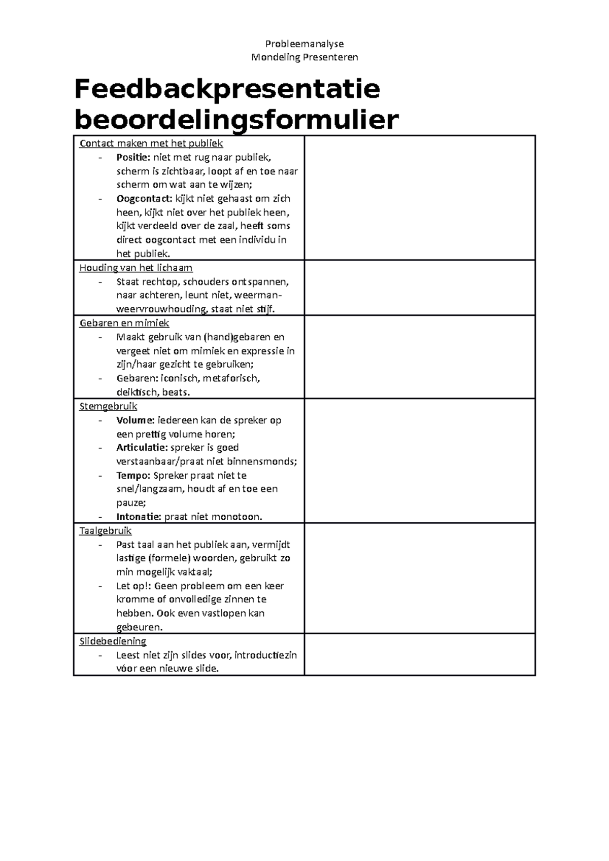Feedbackpresentatie beoordelingsformulier - Probleemanalyse Mondeling ...