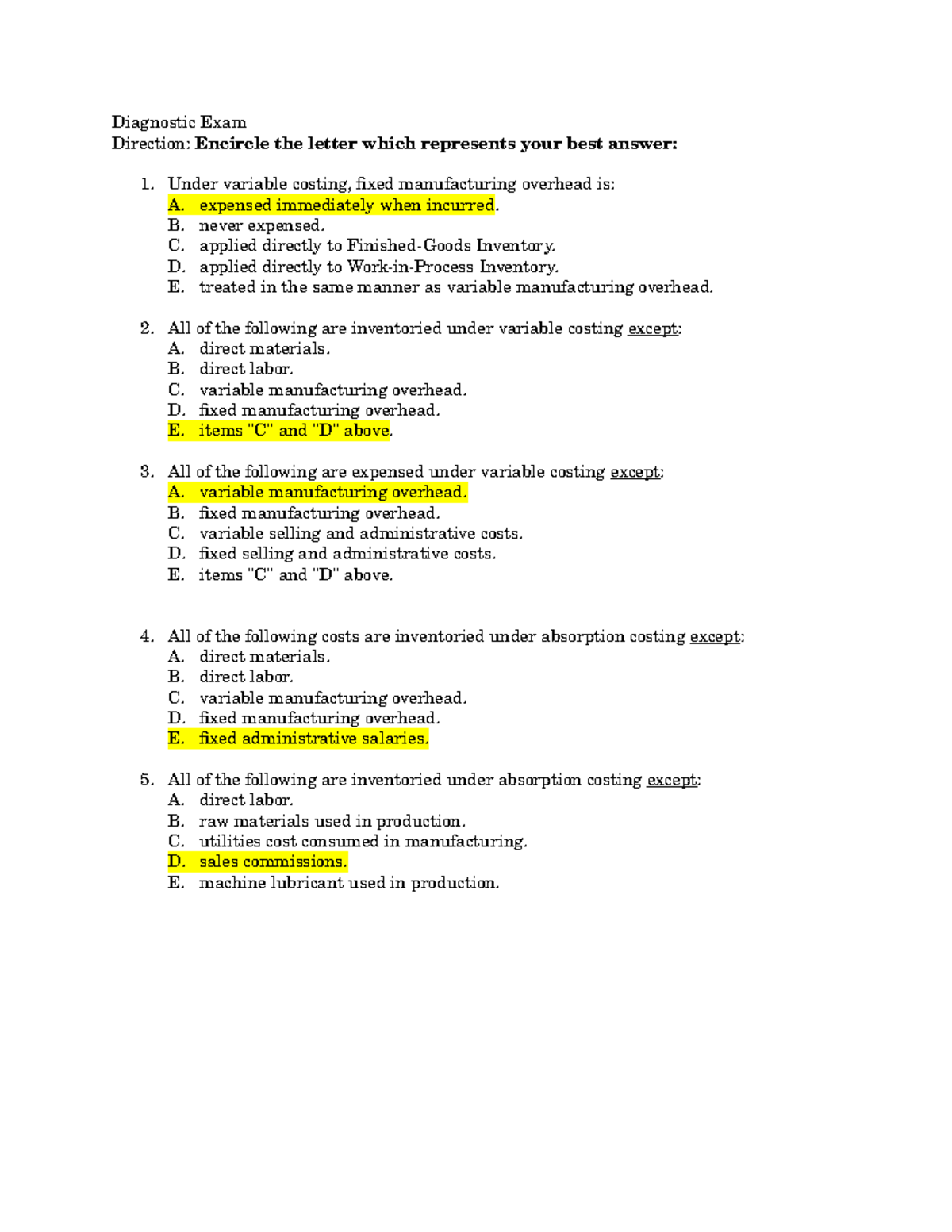 Cost a cc - multiple choice questions - Diagnostic Exam Direction ...