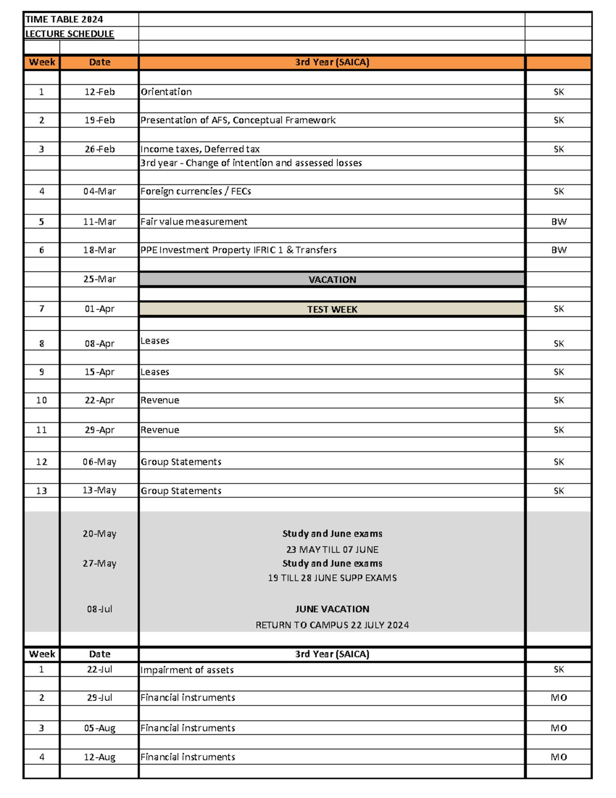 FIA324 Lecture Schedule 2024 - TIME TABLE 2024 LECTURE SCHEDULE Week ...