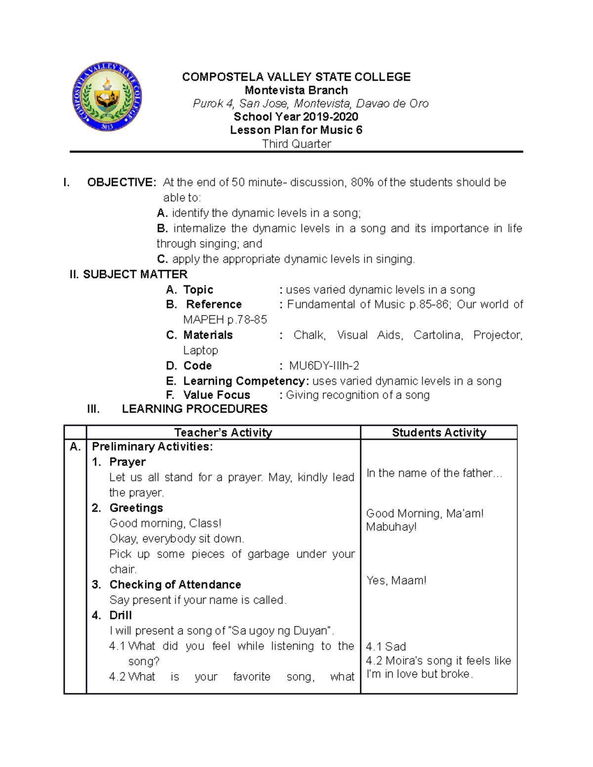 Music- LESSON PLAN - COMPOSTELA VALLEY STATE COLLEGE Montevista Branch ...