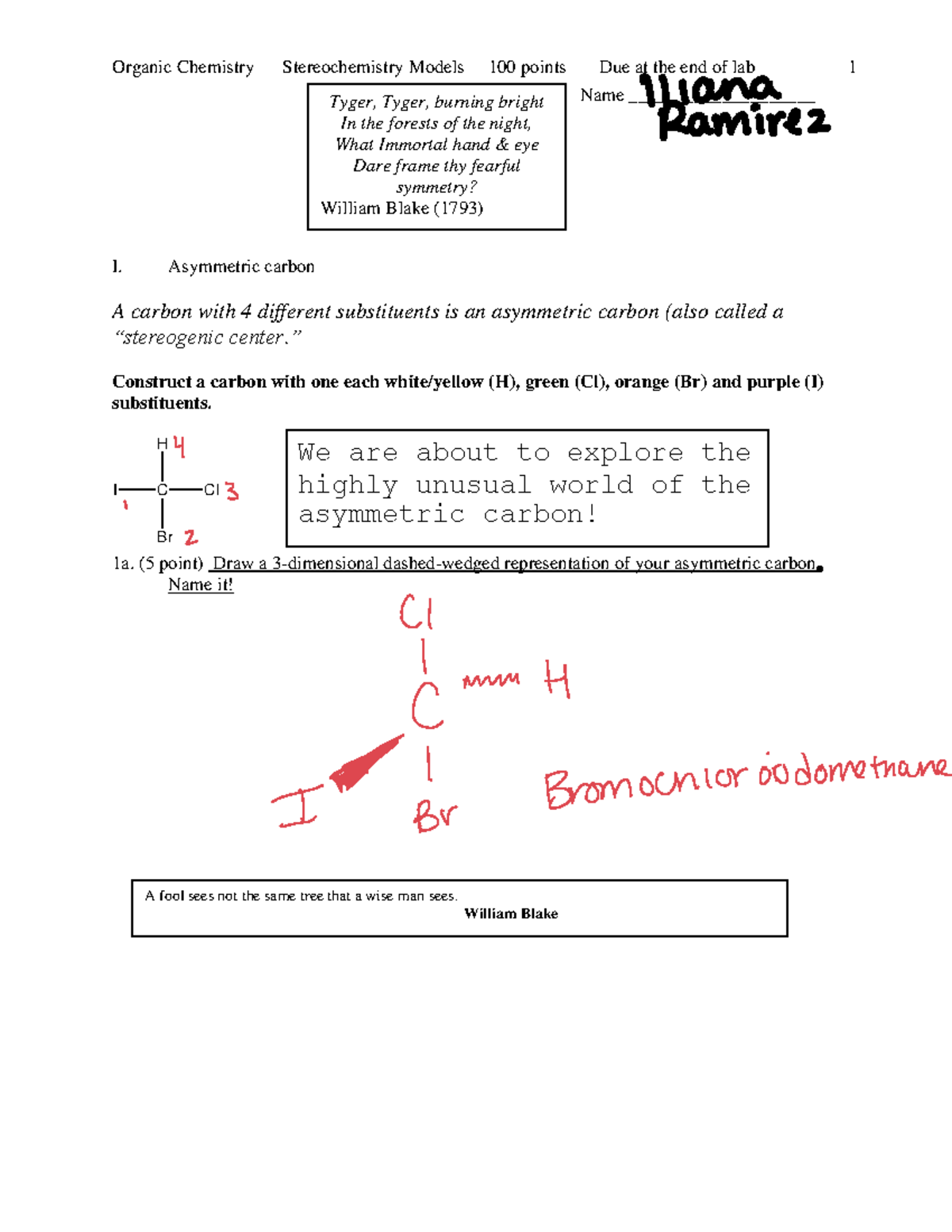 Stereochemistry report - Name ____________________ I. Asymmetric carbon ...