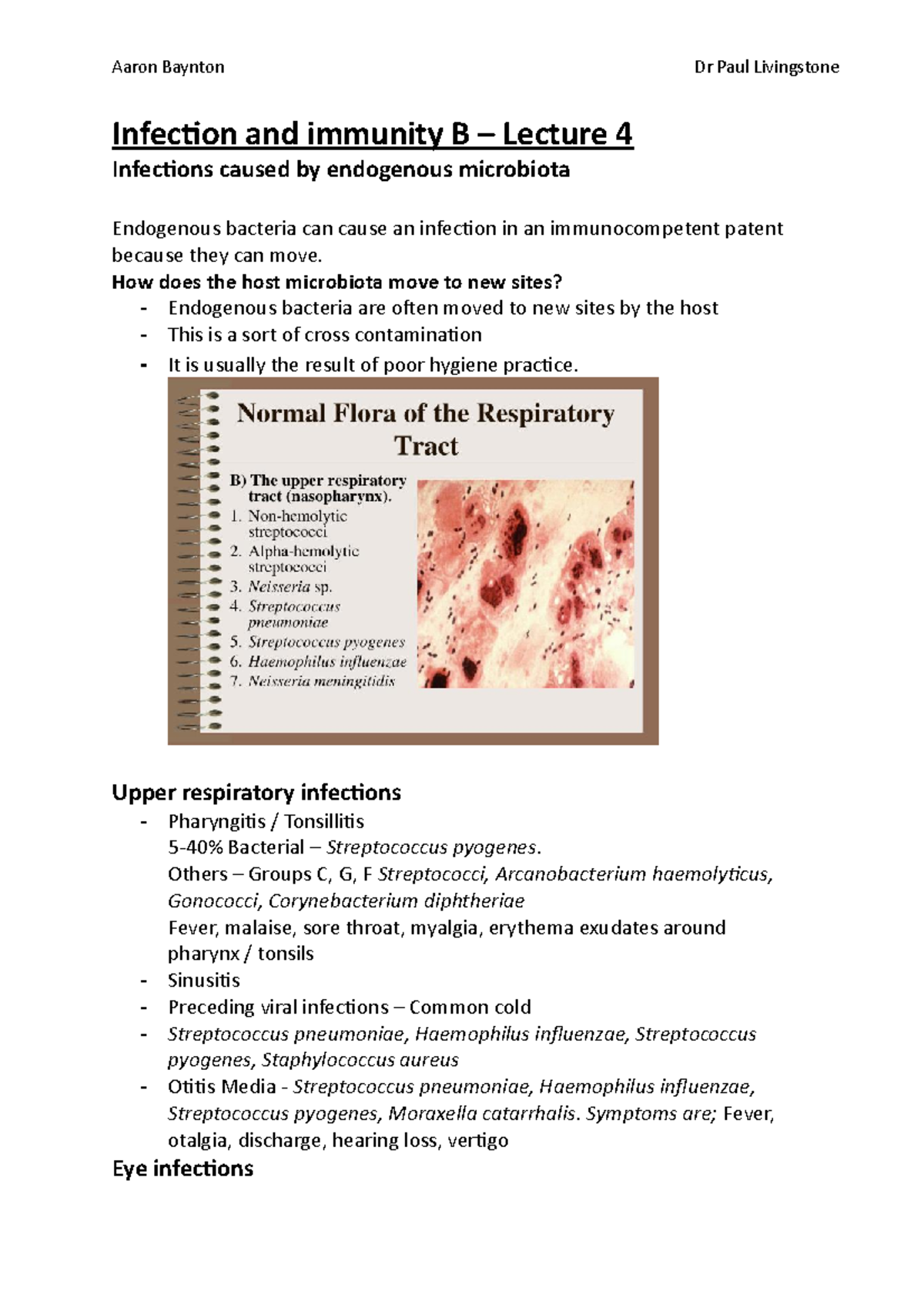 Lecture 4 - Infections caused by endogenous microbiota - Infection and ...