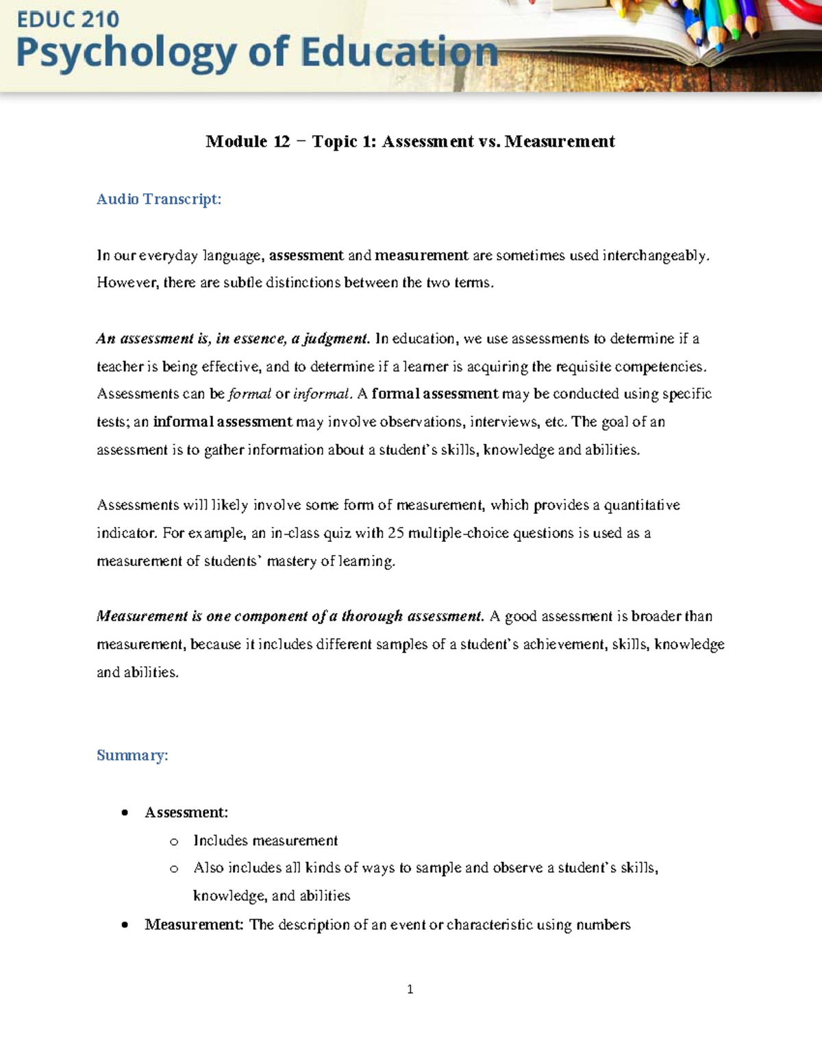 Assessment vs Measurement podcast - 1 Module 12 − Topic 1: Assessment ...