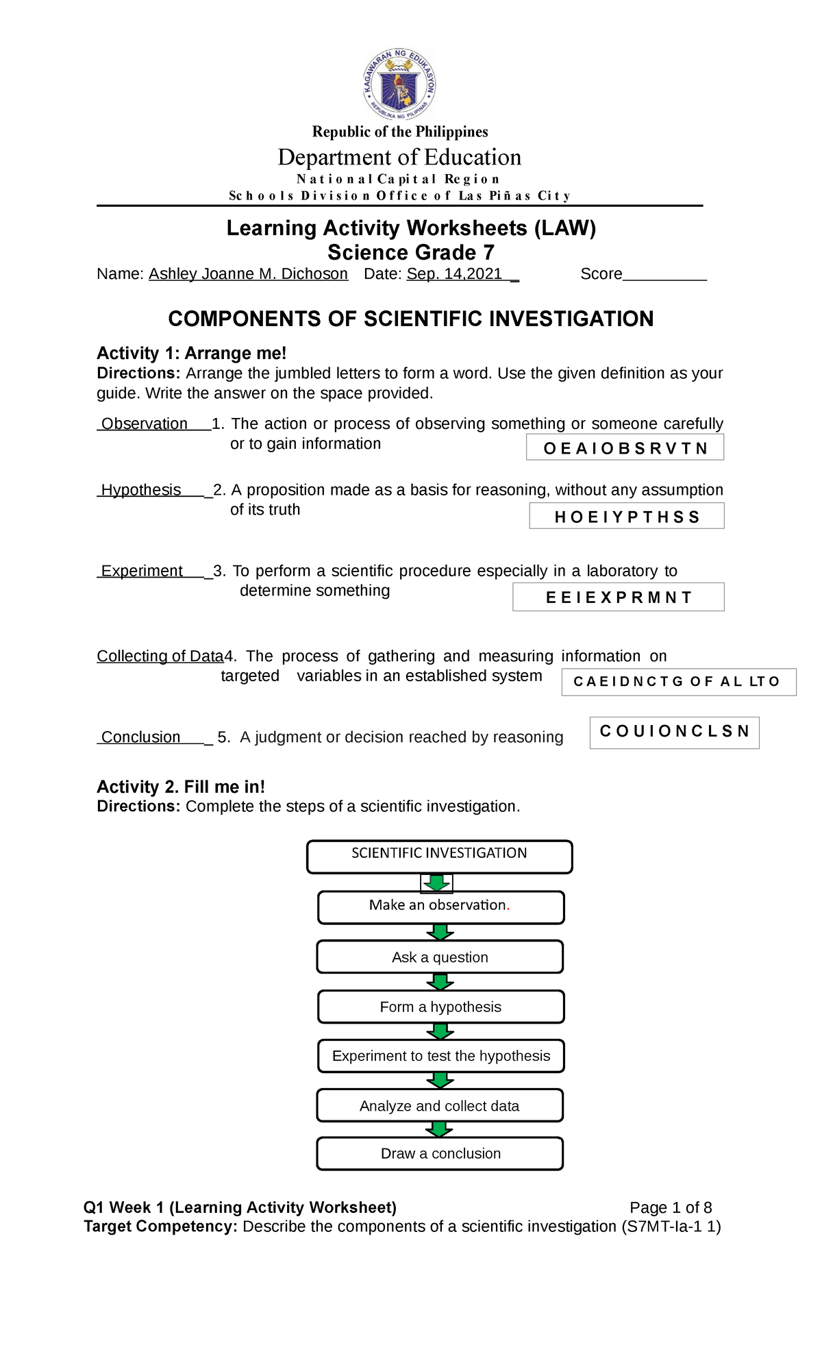 Learning Activity Worksheet COMPONENTS OF SCIENTIFIC INVESTIGATION learning-activity-worksheet-components-of-scientific-investigation