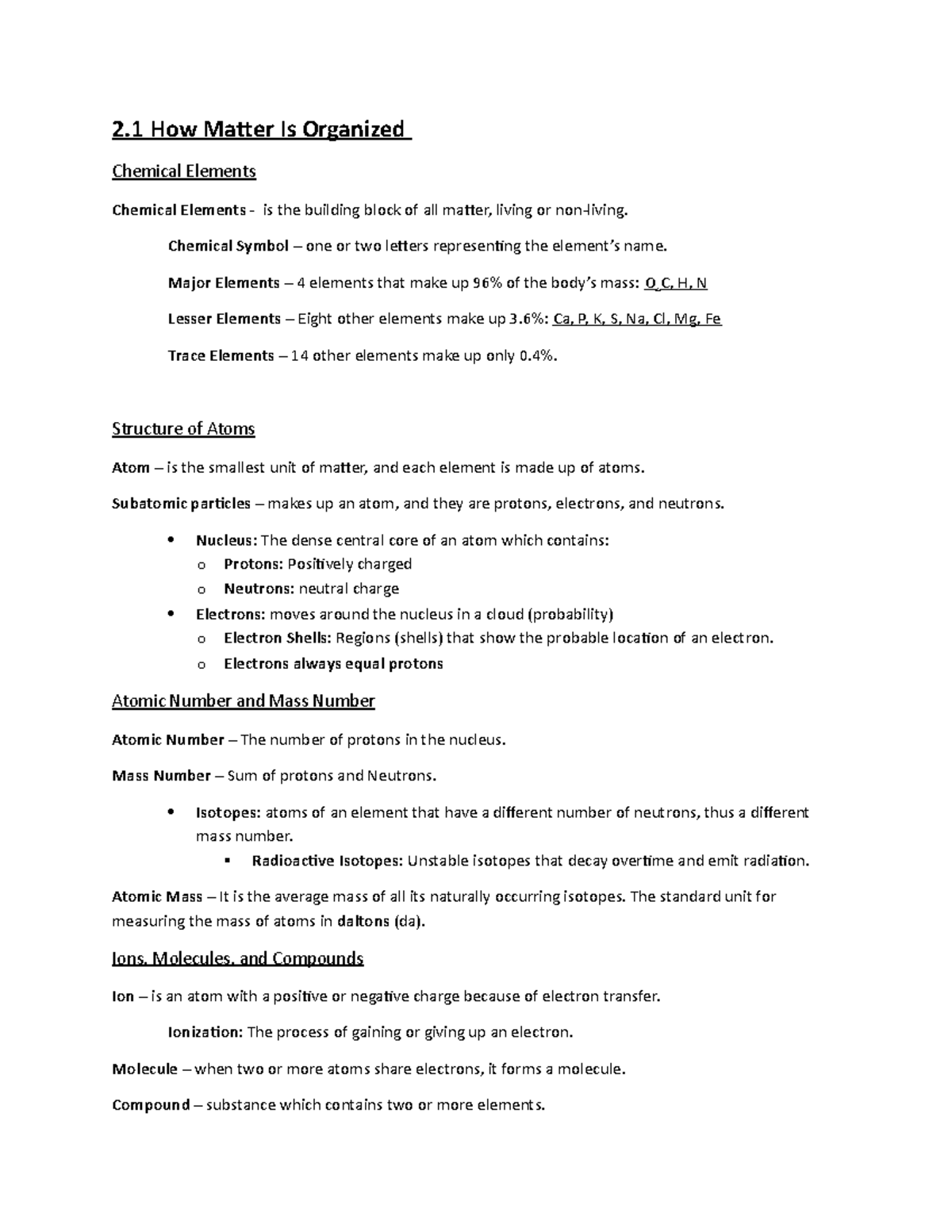 Chapter 2 Molecular - Summary of notes which follows the course outline ...