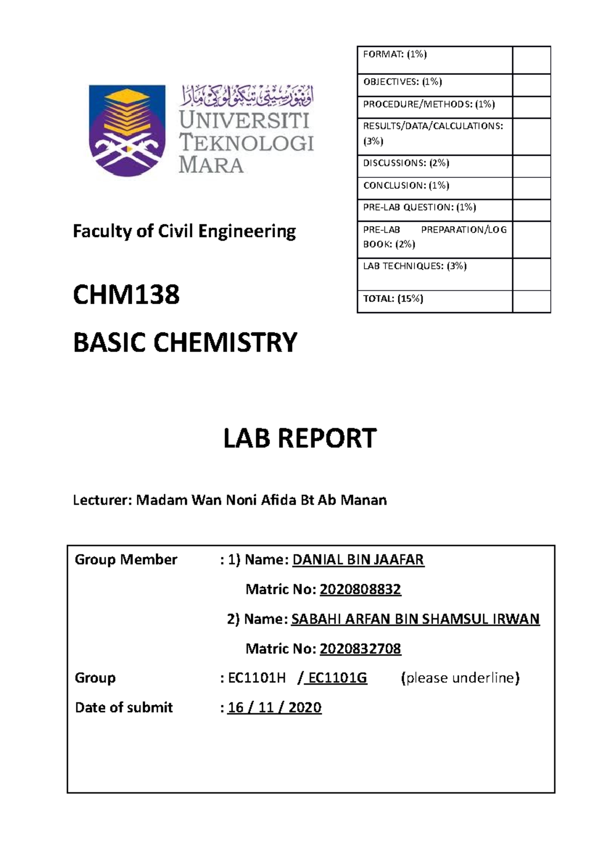 lab repor Experiment 1 - Basic Laboratory Techniques - Civil ...