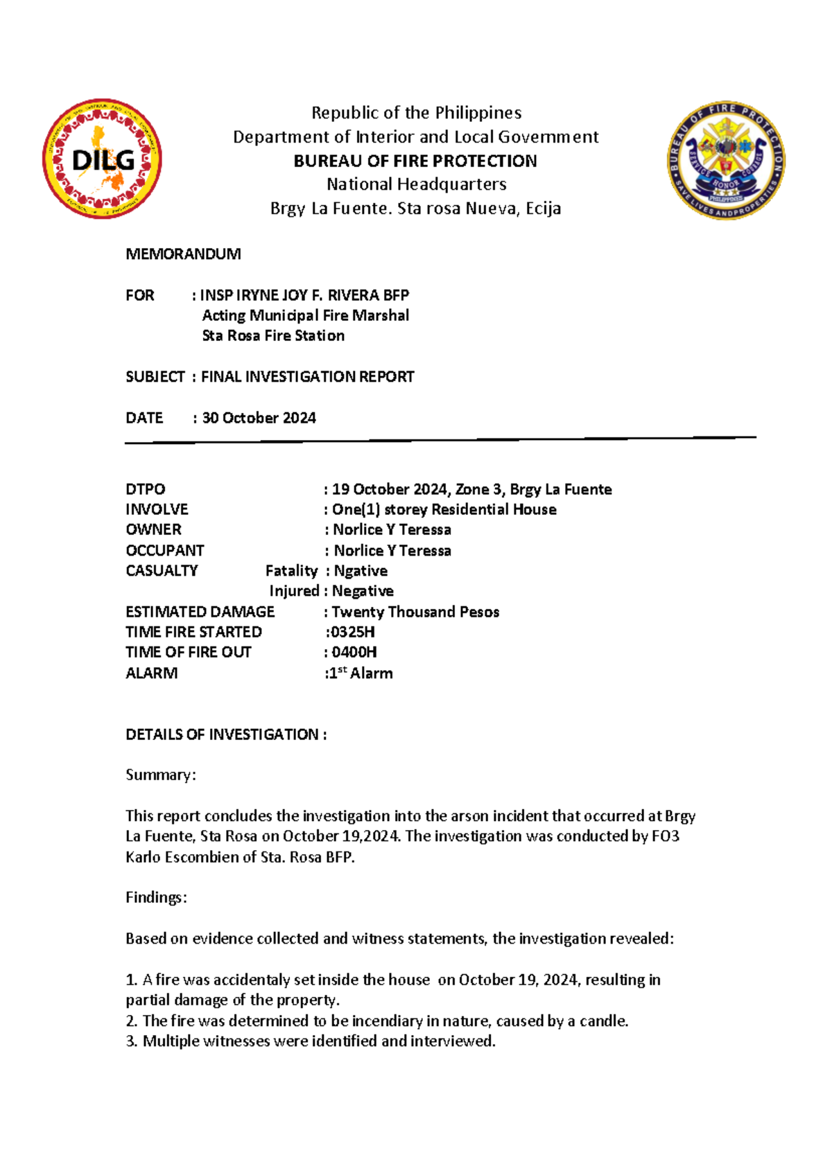 Arson Investigation Report Group 10 - Republic of the Philippines ...