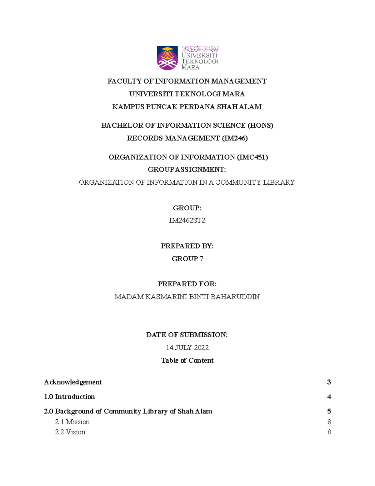 Group 4 IMC451 Final Project - Community Library OF SHAH ALAM - FACULTY ...