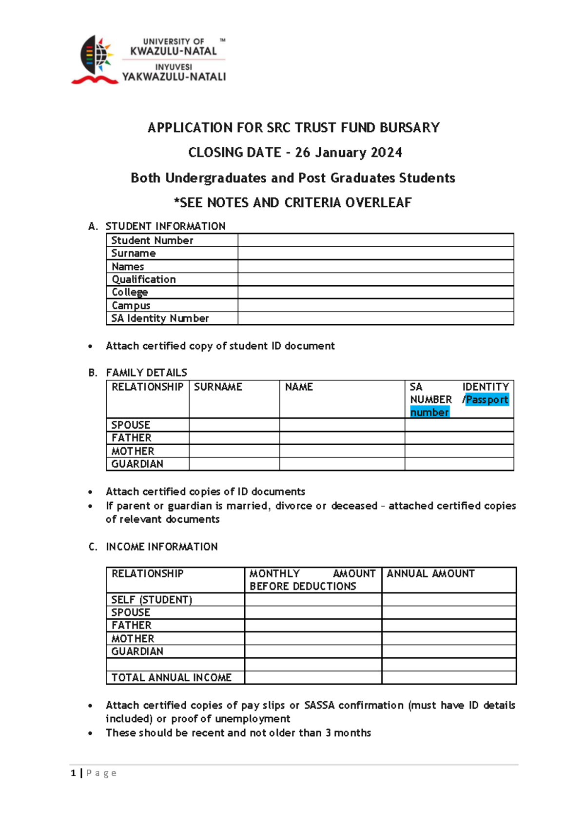 SRC Trust Fund - Application Form 2024 - 1 | P a g e APPLICATION FOR SRC TRUST FUND BURSARY ...