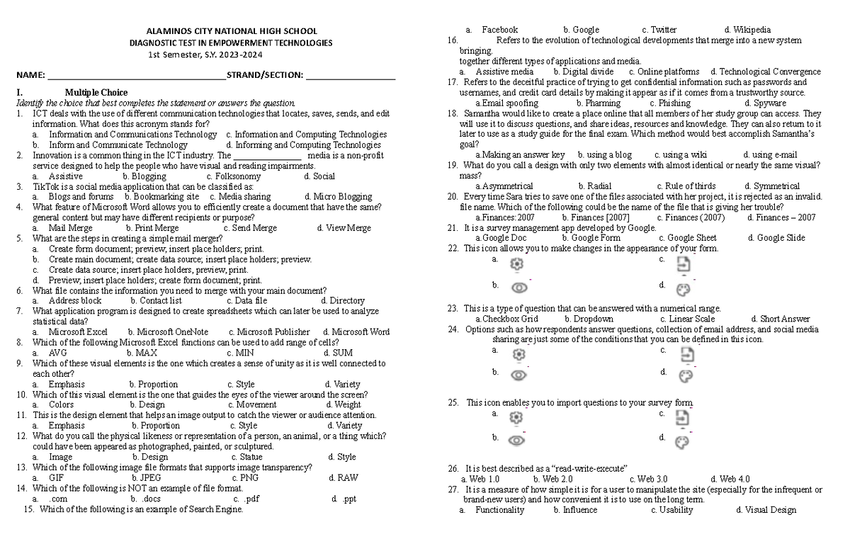 Diagnostic TEST EMP TECH 2022 2023 - ALAMINOS CITY NATIONAL HIGH SCHOOL ...