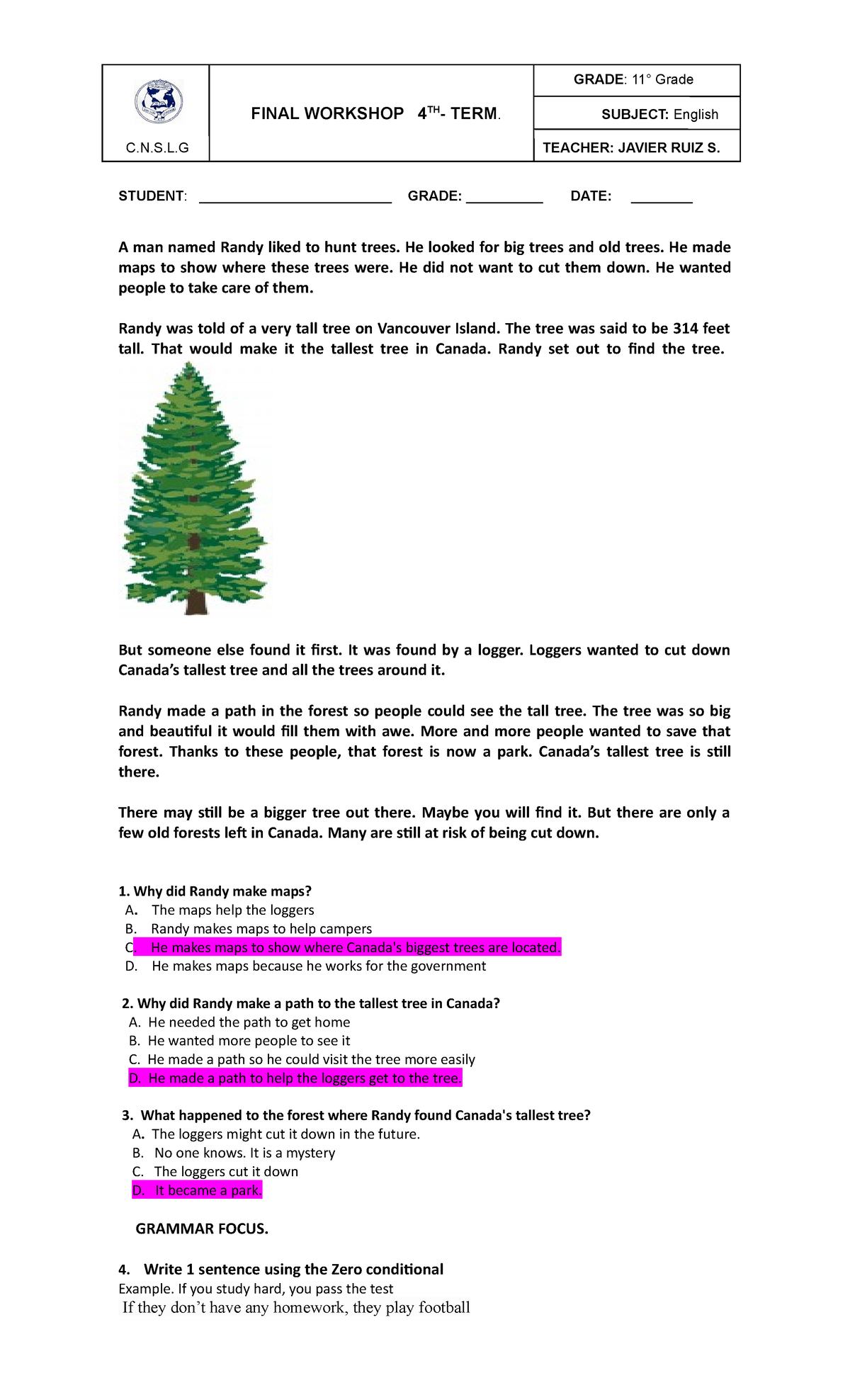 Comp - English Final Workshop - 11°- 4th term - GRADE: 11° Grade FINAL ...