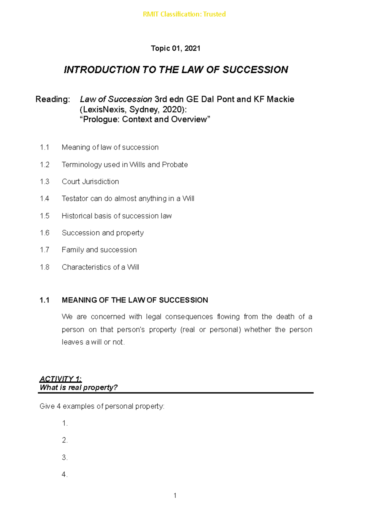 01 Intro TO Succession 2021 - Topic 01, 2021 INTRODUCTION TO THE LAW OF ...