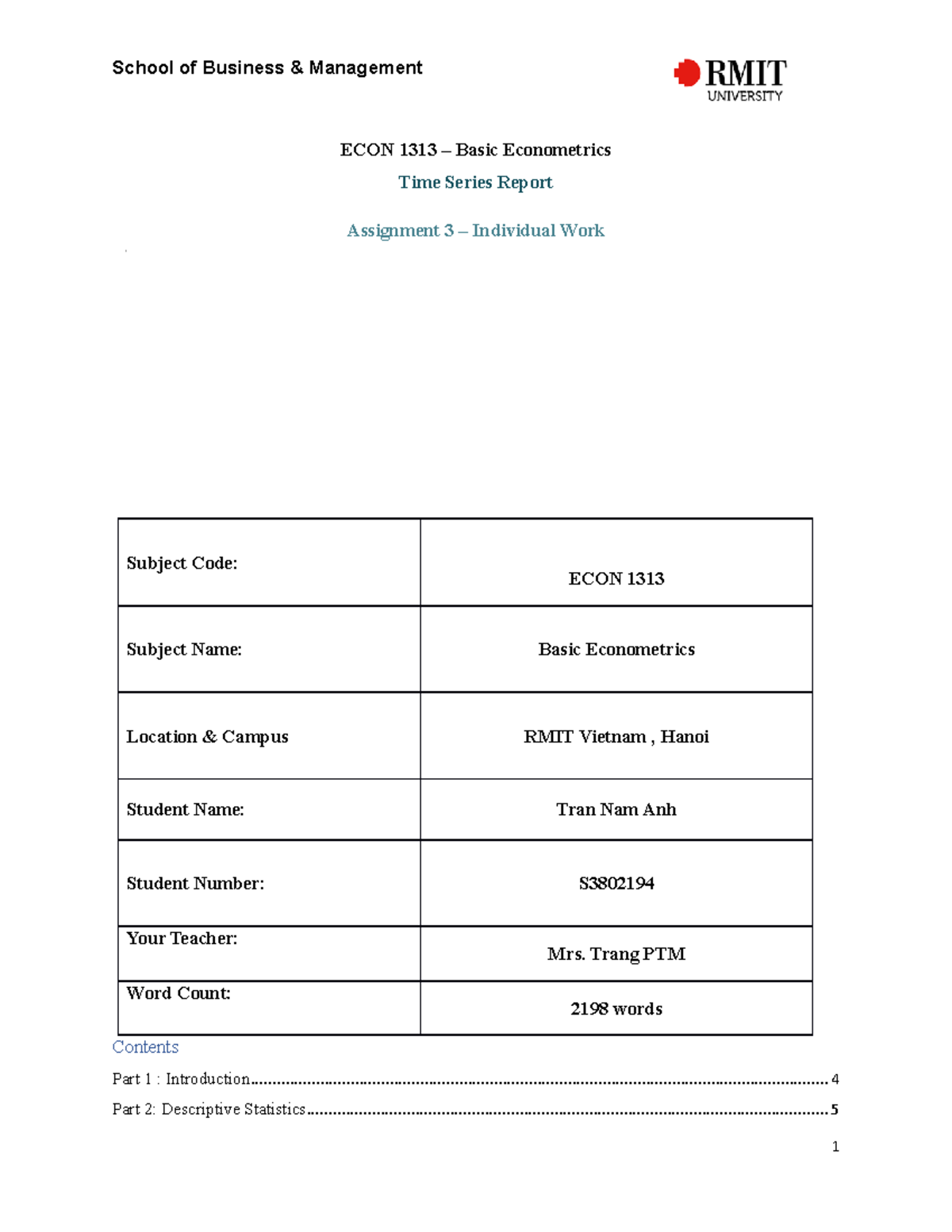 ECON 1313 Basic Econometric Tran Nam Anh s3802194 Final - ECON 1313 – Basic Econometrics Time ...
