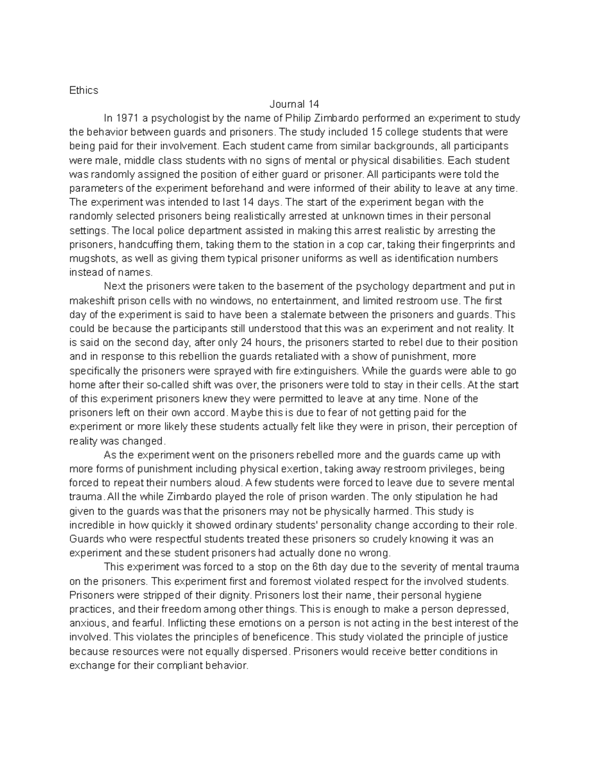 Ethics journal 14 - Ethics Journal 14 In 1971 a psychologist by the ...