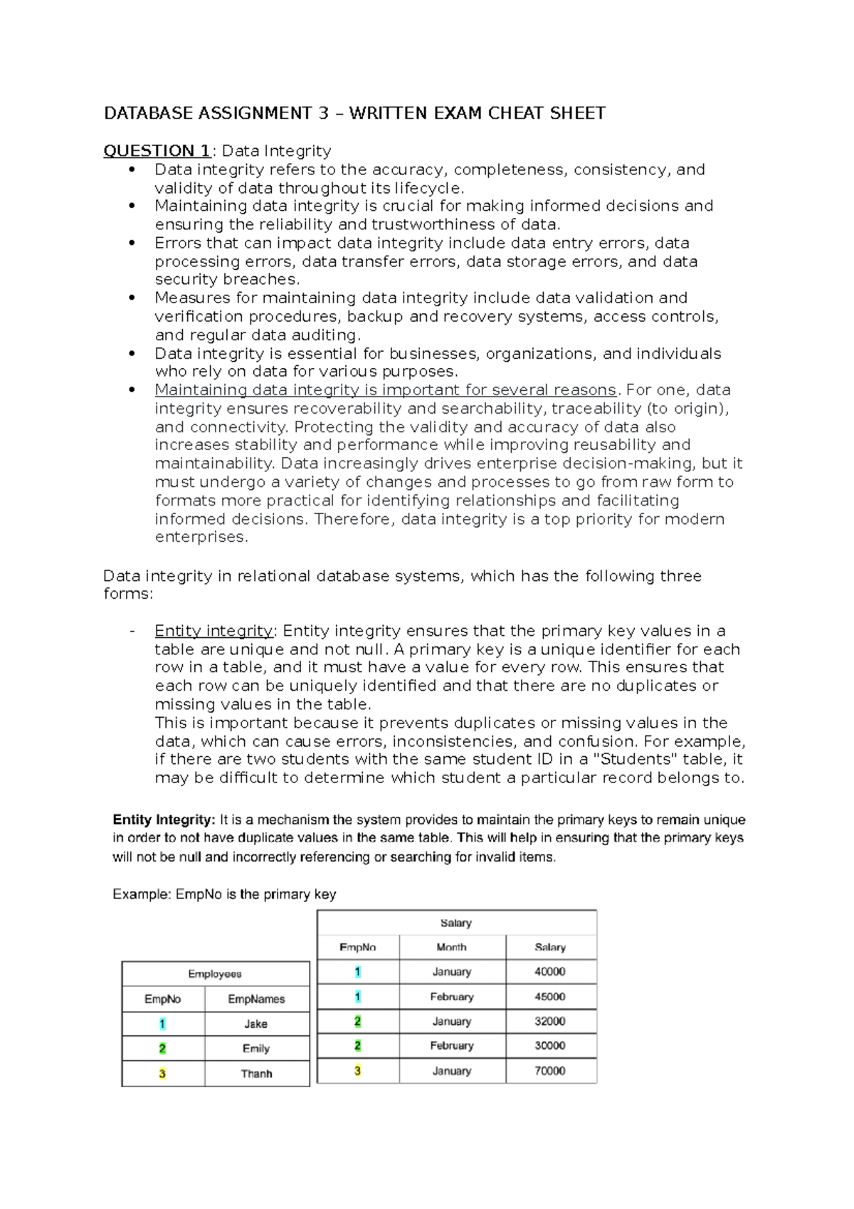 Database Assignment 3 - ass3 - DATABASE ASSIGNMENT 3 – WRITTEN EXAM CHEAT SHEET QUESTION 1: Data ...