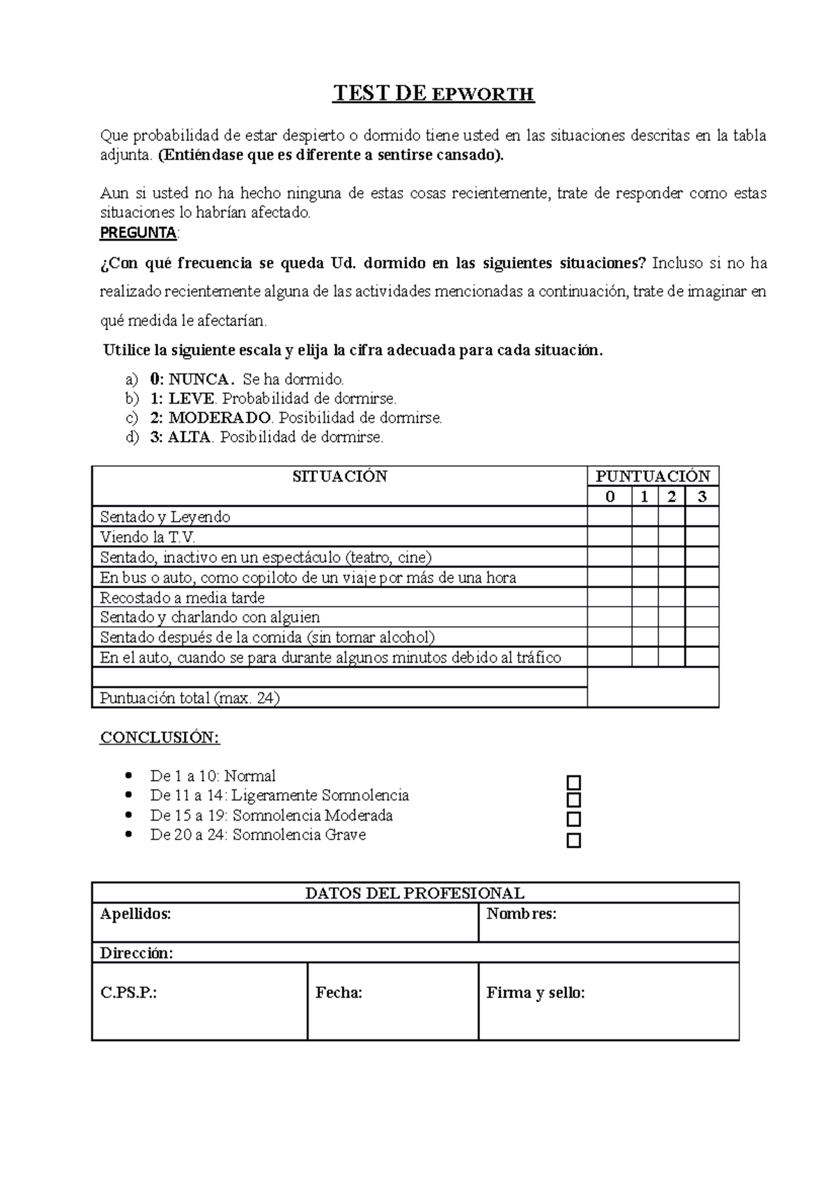 TEST DE Epworth - NSD - TEST DE EPWORTH Que probabilidad de estar ...